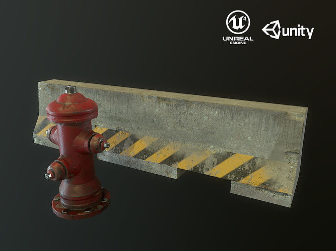 3D model Fire Hydrant and concrete barrier pbr VR / AR / low-poly ...