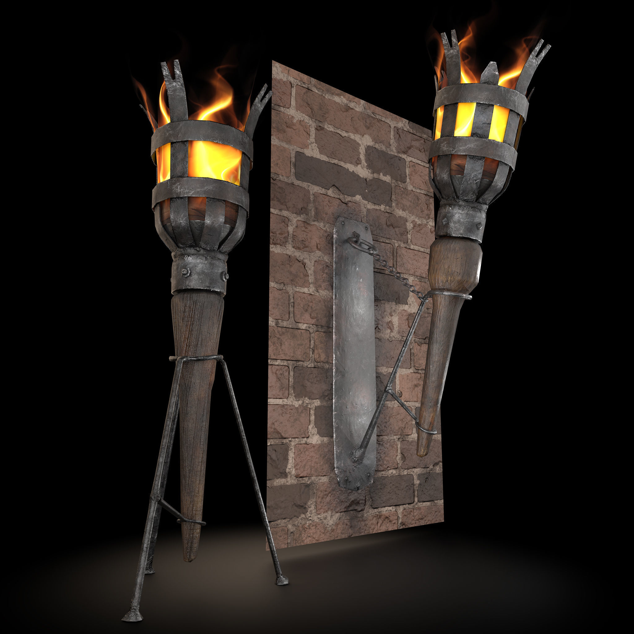 3D Model Collection Medieval Wall and Standing Torches VR / AR / low-poly | CGTrader