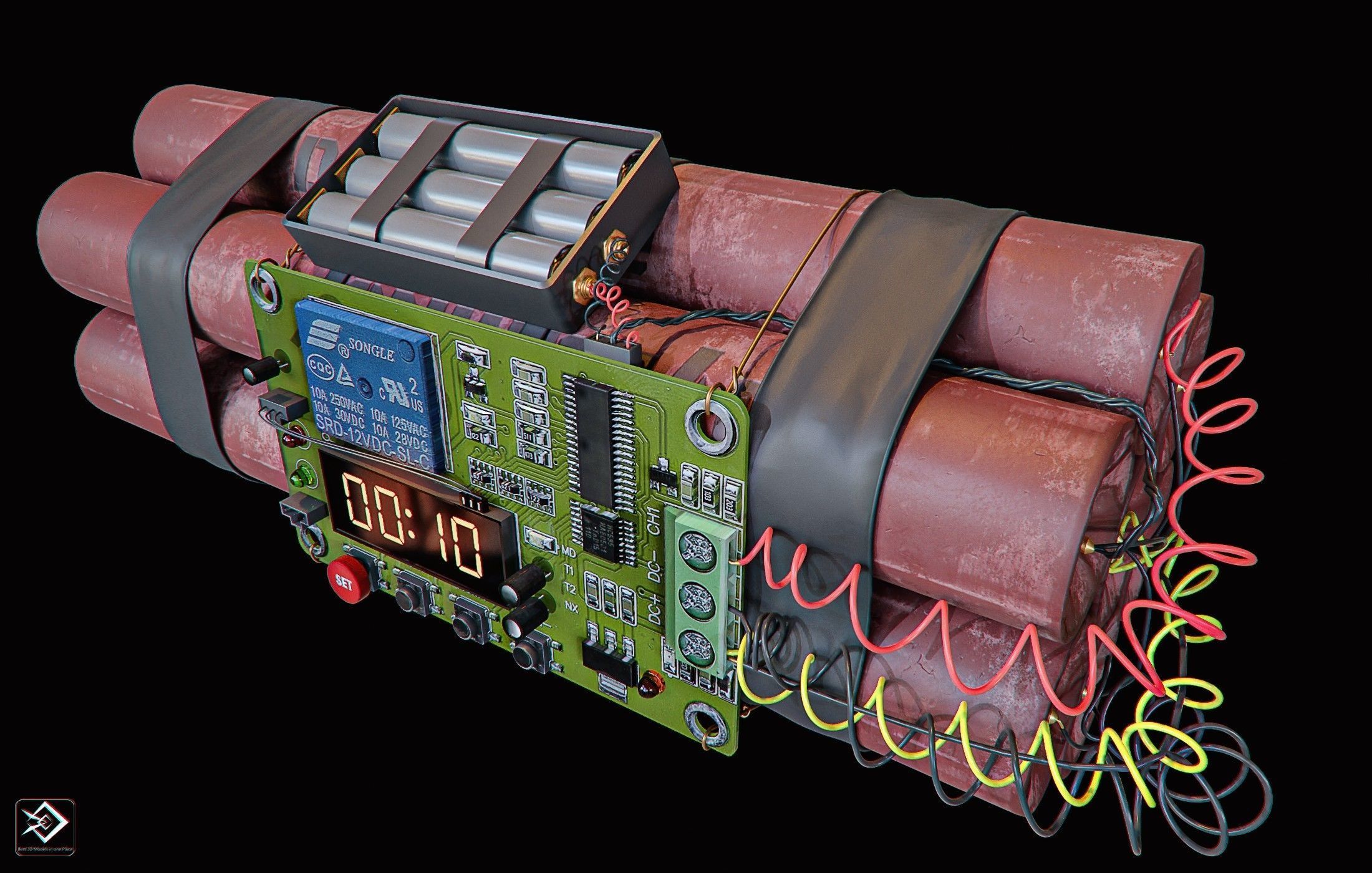 dynamite electronic bomb with wires and clock 3D model | CGTrader