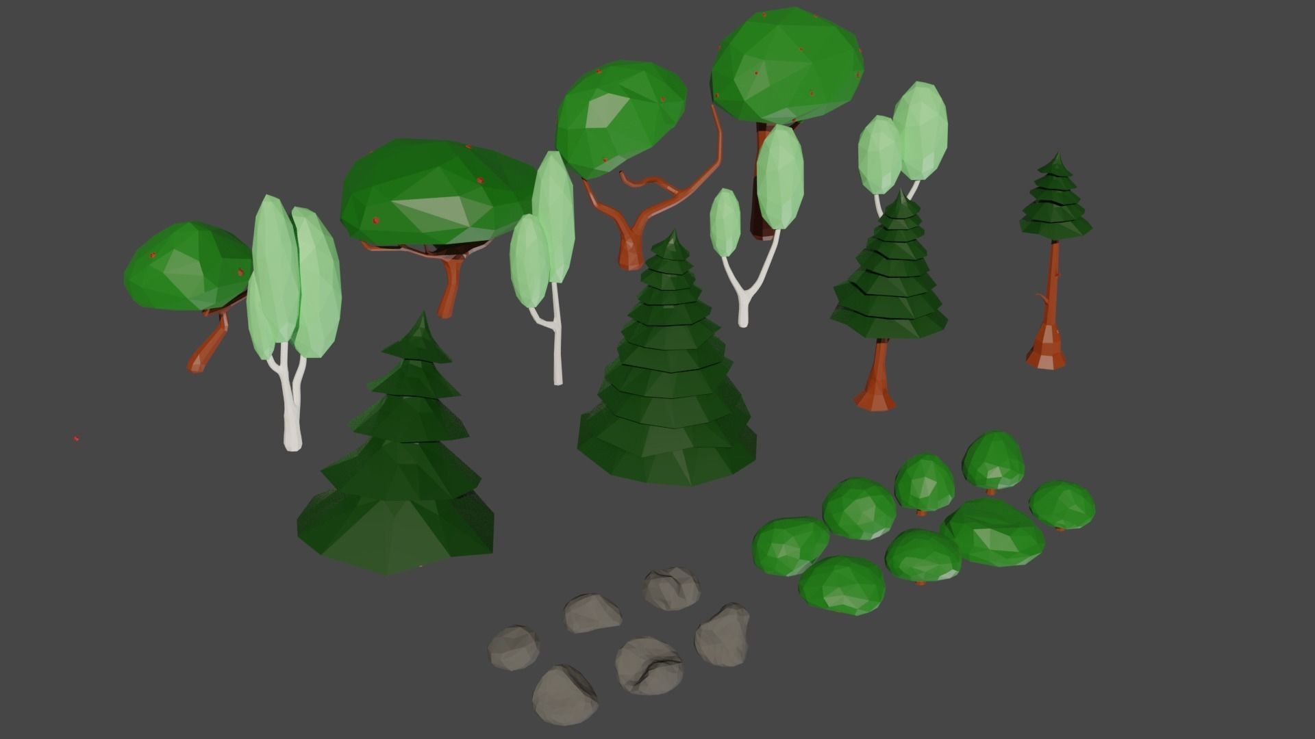 3D model Small pack of low poly trees bushes and stones VR / AR / low ...