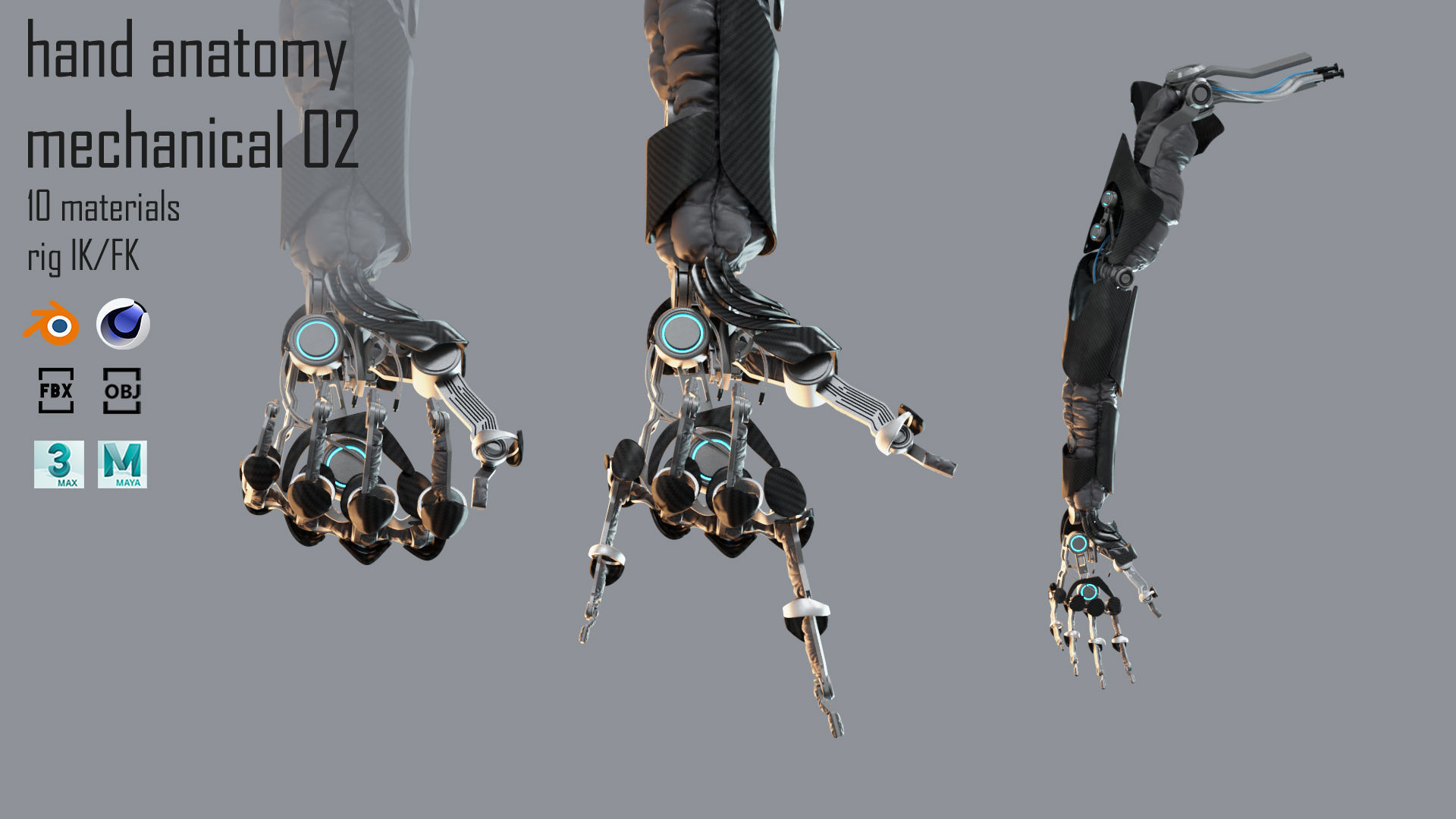 Robotic hand anatomy 02 3D model animated rigged | CGTrader