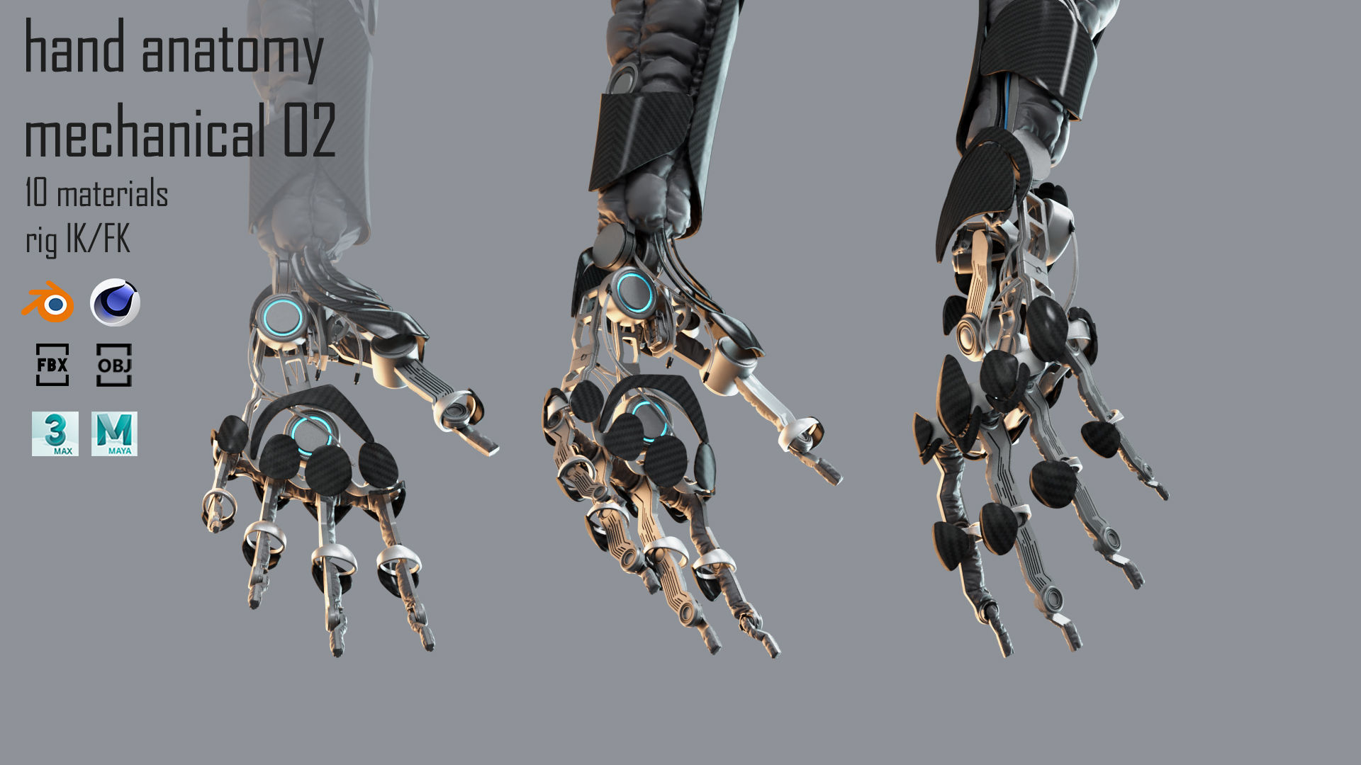 Robotic hand anatomy 02 3D model animated rigged | CGTrader