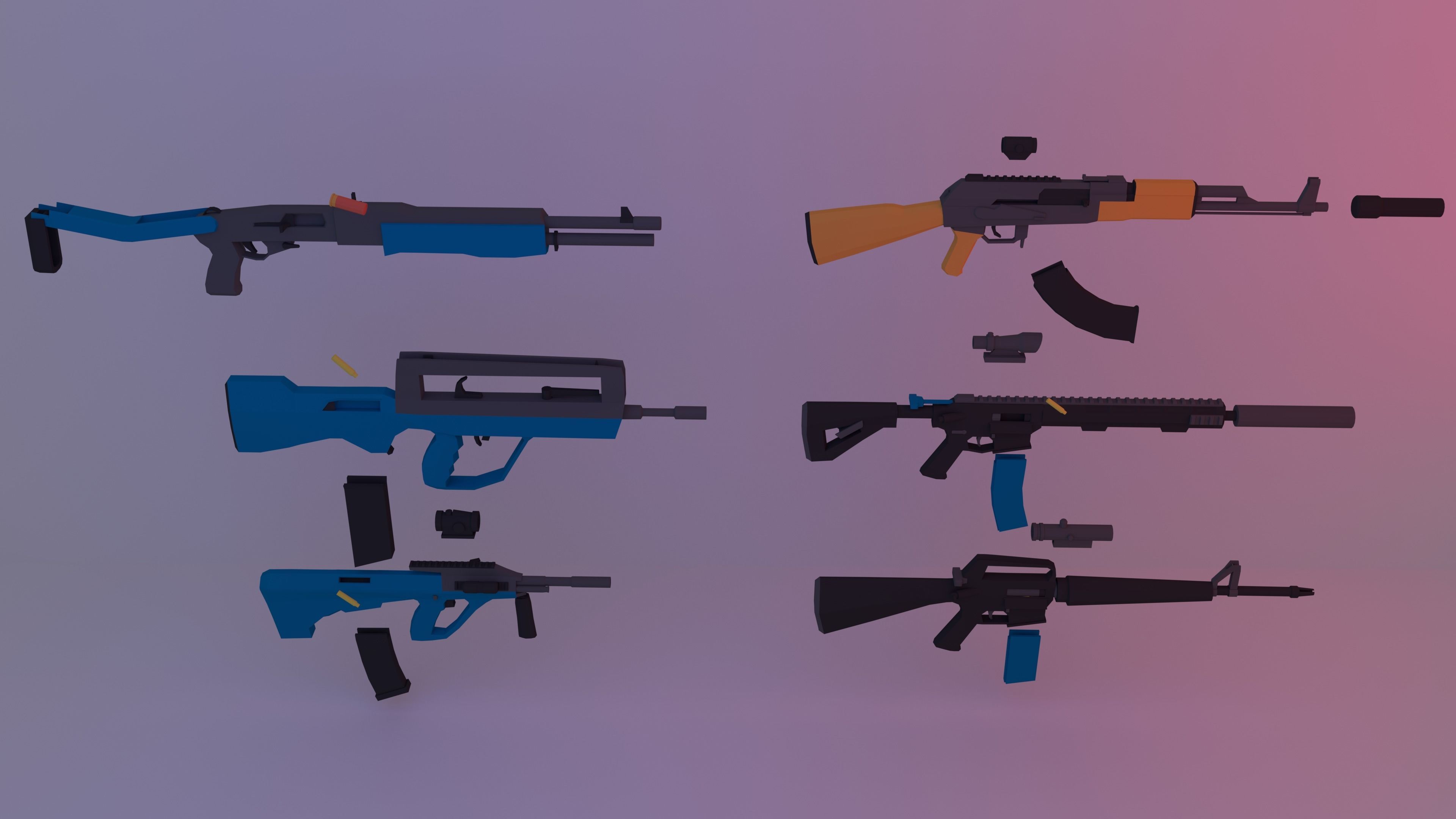 3D model Low poly pack guns Animated - AK-47 - M16 - AR15 -UZI- 3D ...