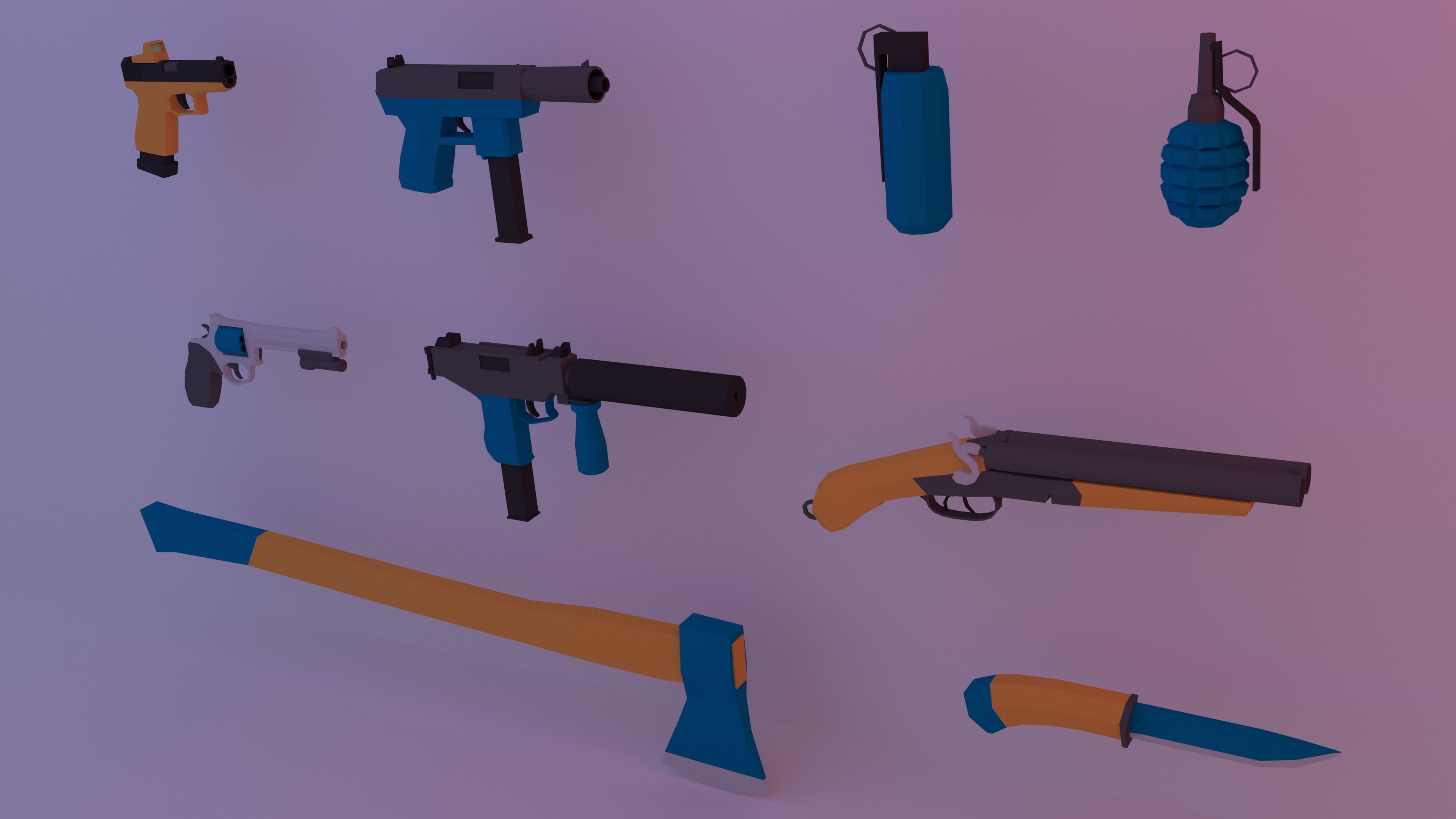 3D model Low poly pack guns Animated - AK-47 - M16 - AR15 -UZI- 3D ...