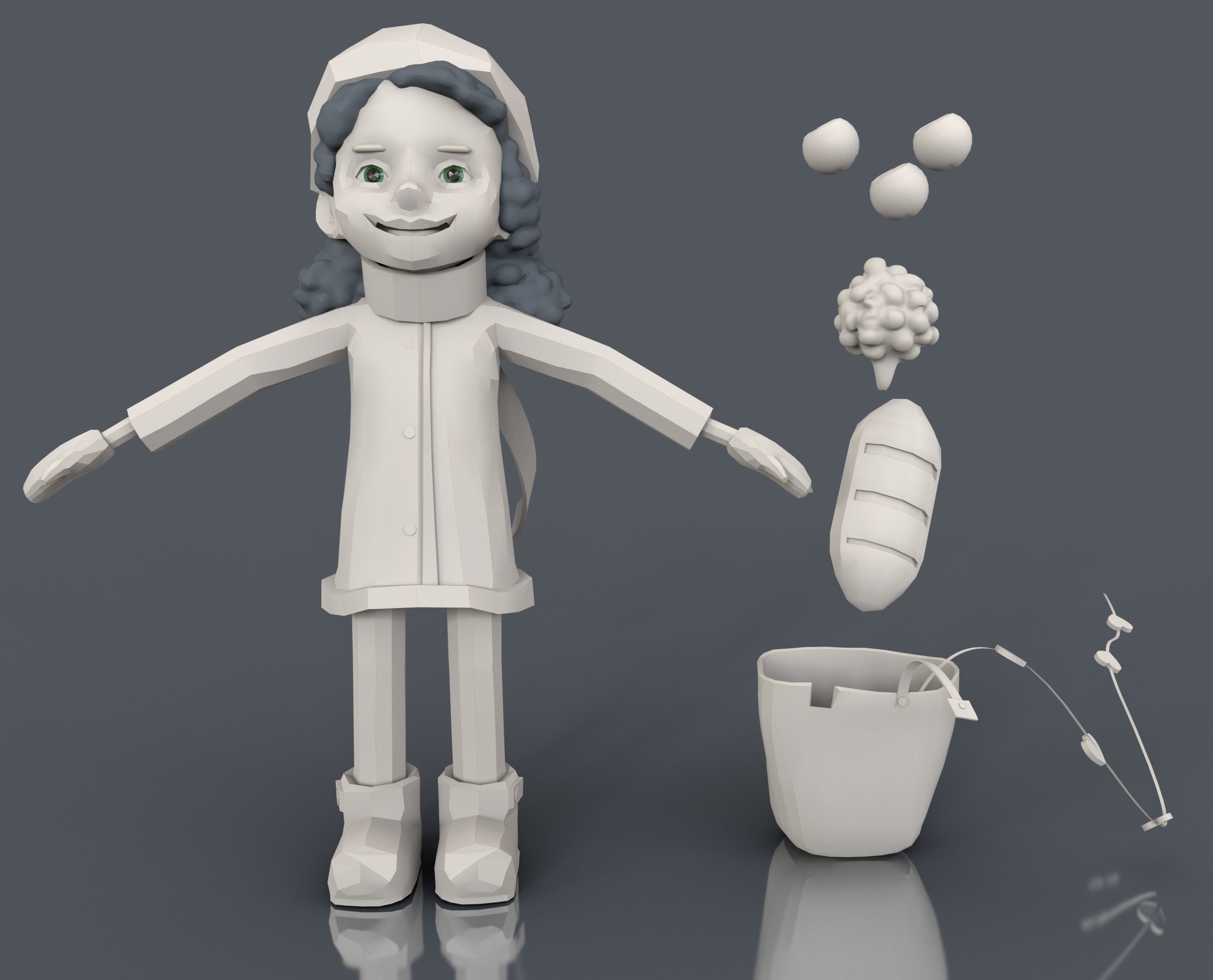 3D model Low poly cute cartoon girl goes from the store with purchases ...