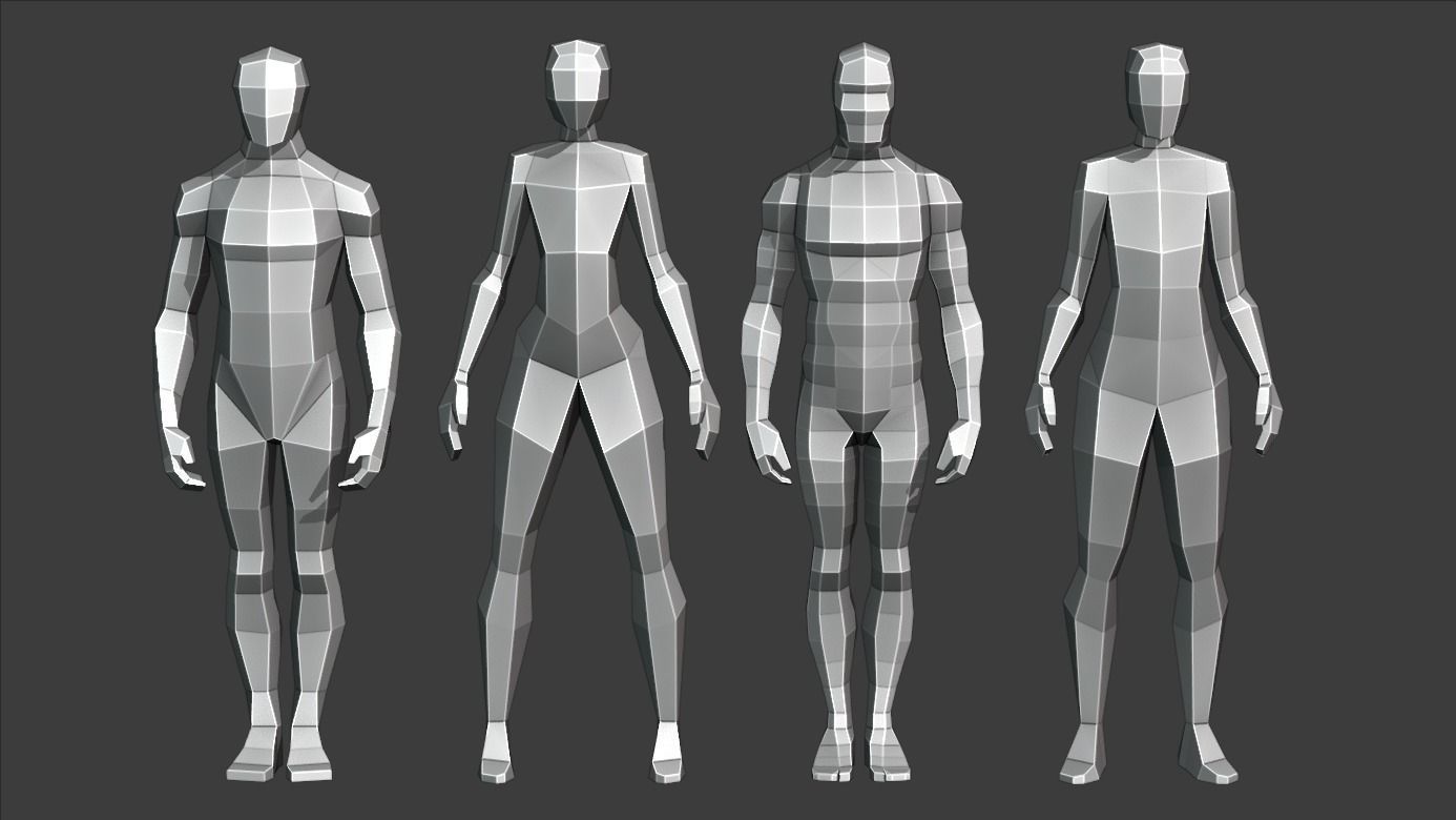 3D model 4 low poly character base meshes 2 male 2 female VR / AR / low ...