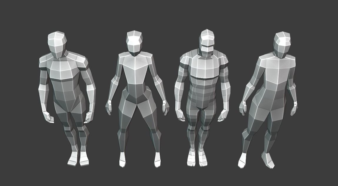 3D model 4 low poly character base meshes 2 male 2 female VR / AR / low ...
