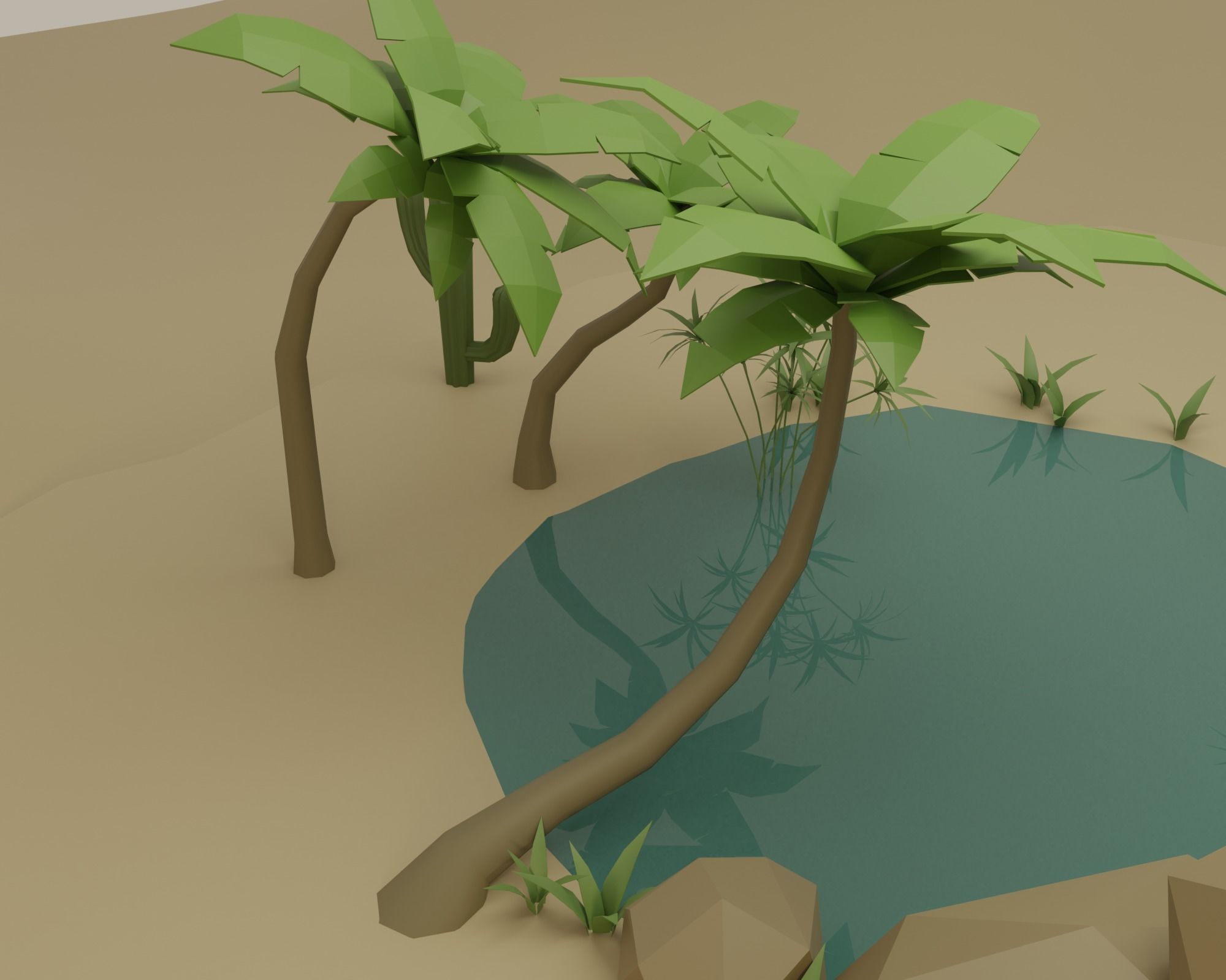 3D model Oasis island with palm trees and cactus VR / AR / low-poly ...