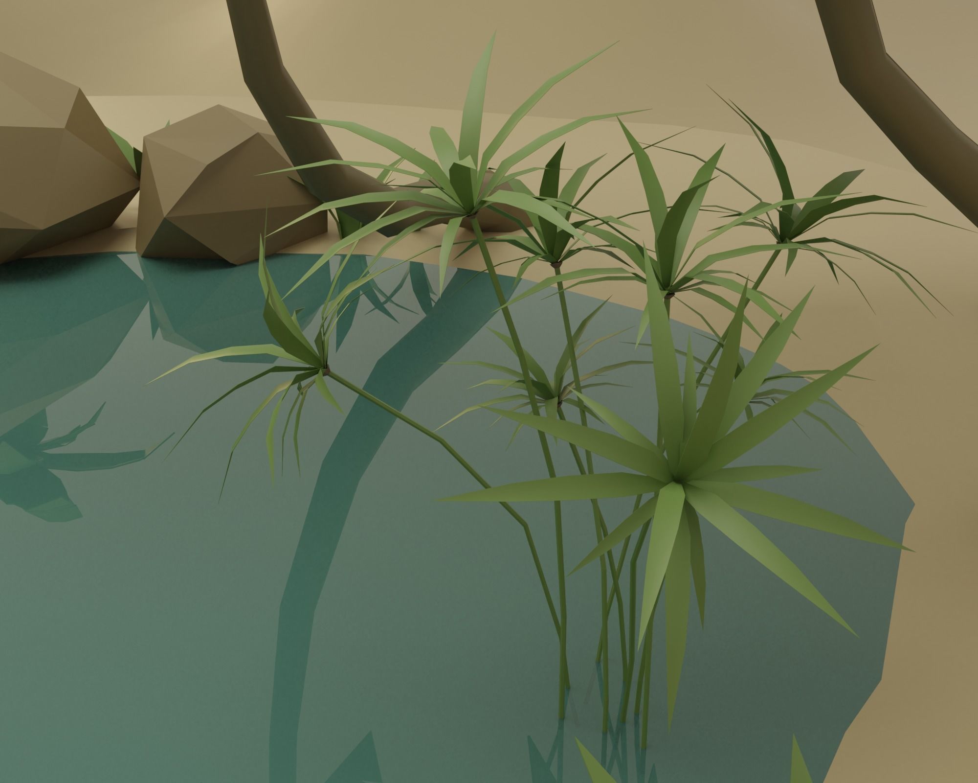 3D model Oasis island with palm trees and cactus VR / AR / low-poly ...