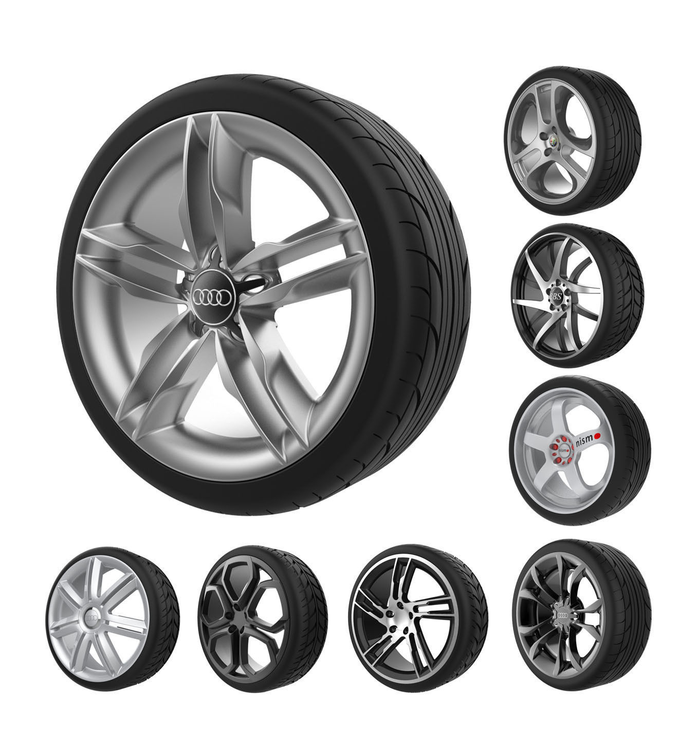 Car Wheels Rims Set Kit 3D model 3D printable | CGTrader