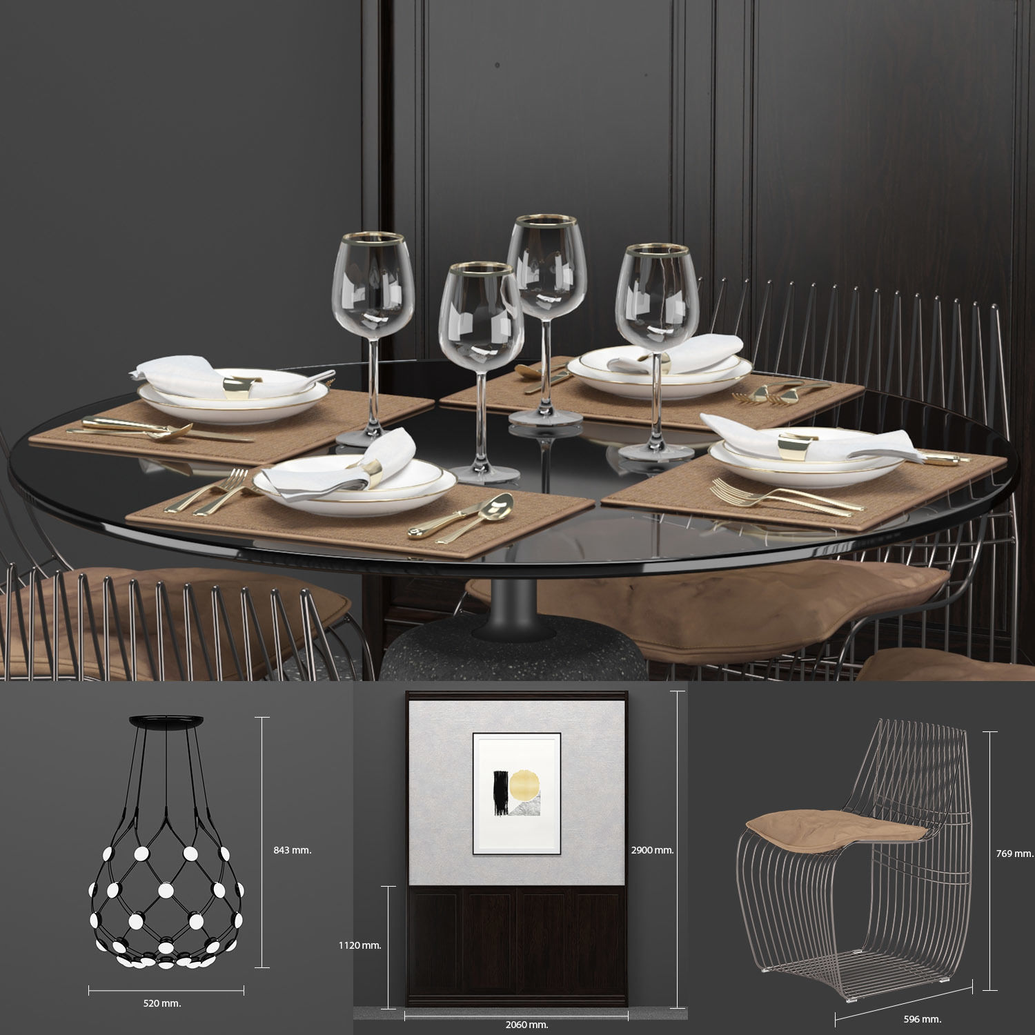 Rock Table and Sign Filo chairs set with Decoration wall 3D model ...