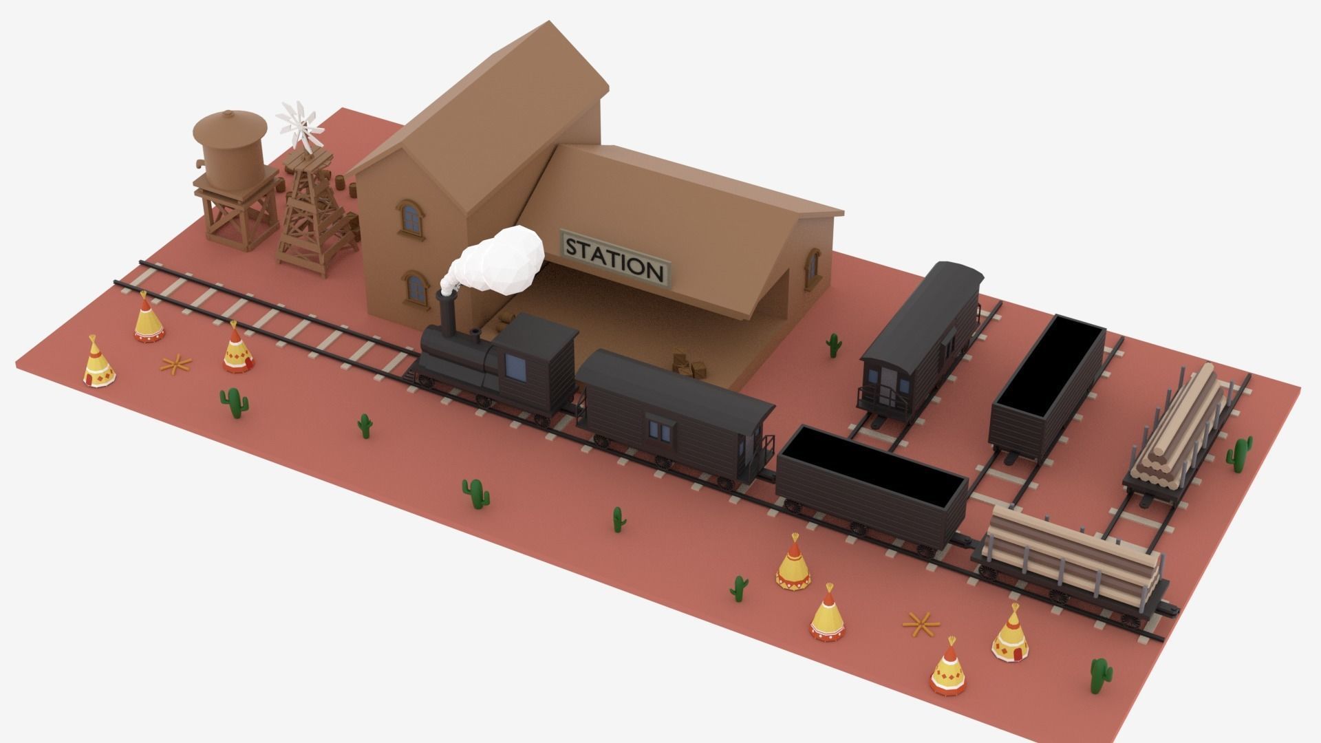 3D model Old Wild West Train and Staion VR / AR / low-poly | CGTrader
