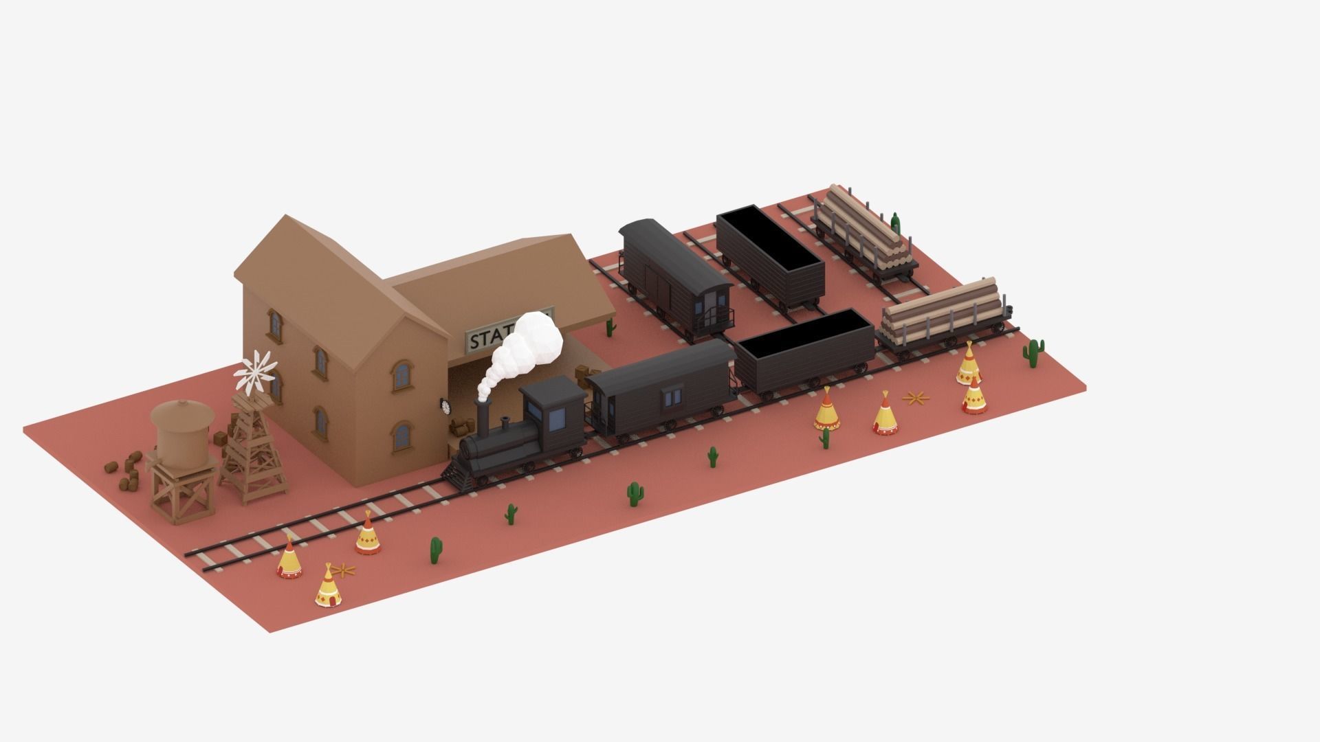 3D model Old Wild West Train and Staion VR / AR / low-poly | CGTrader