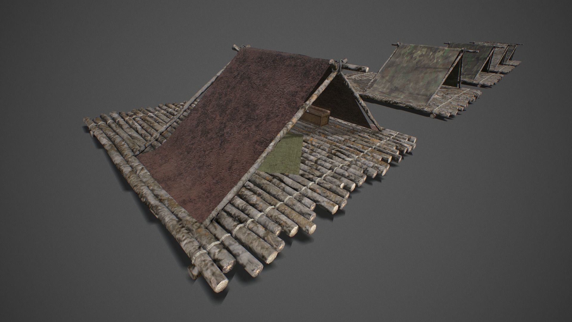 3D model Wooden raft with camo tent pack VR / AR / low-poly | CGTrader