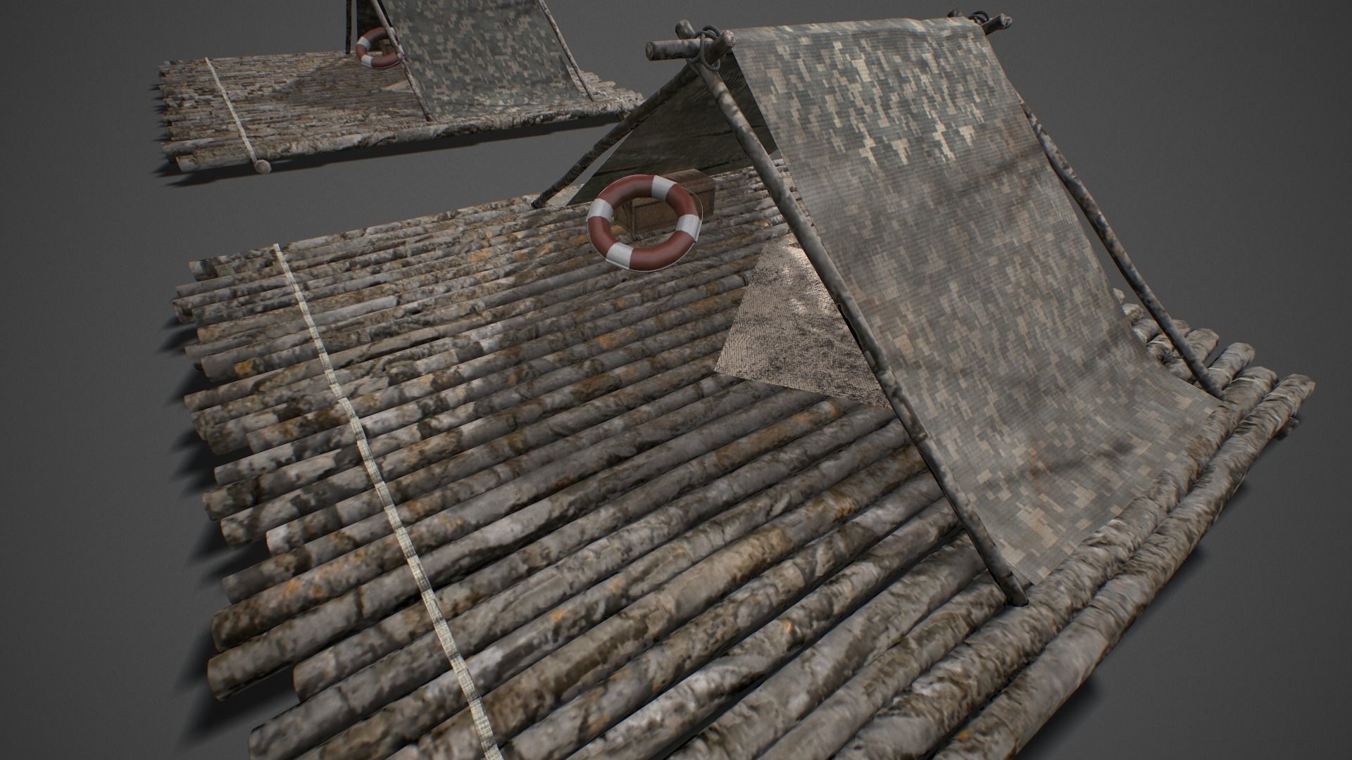 3D model Wooden raft with camo tent pack VR / AR / low-poly | CGTrader