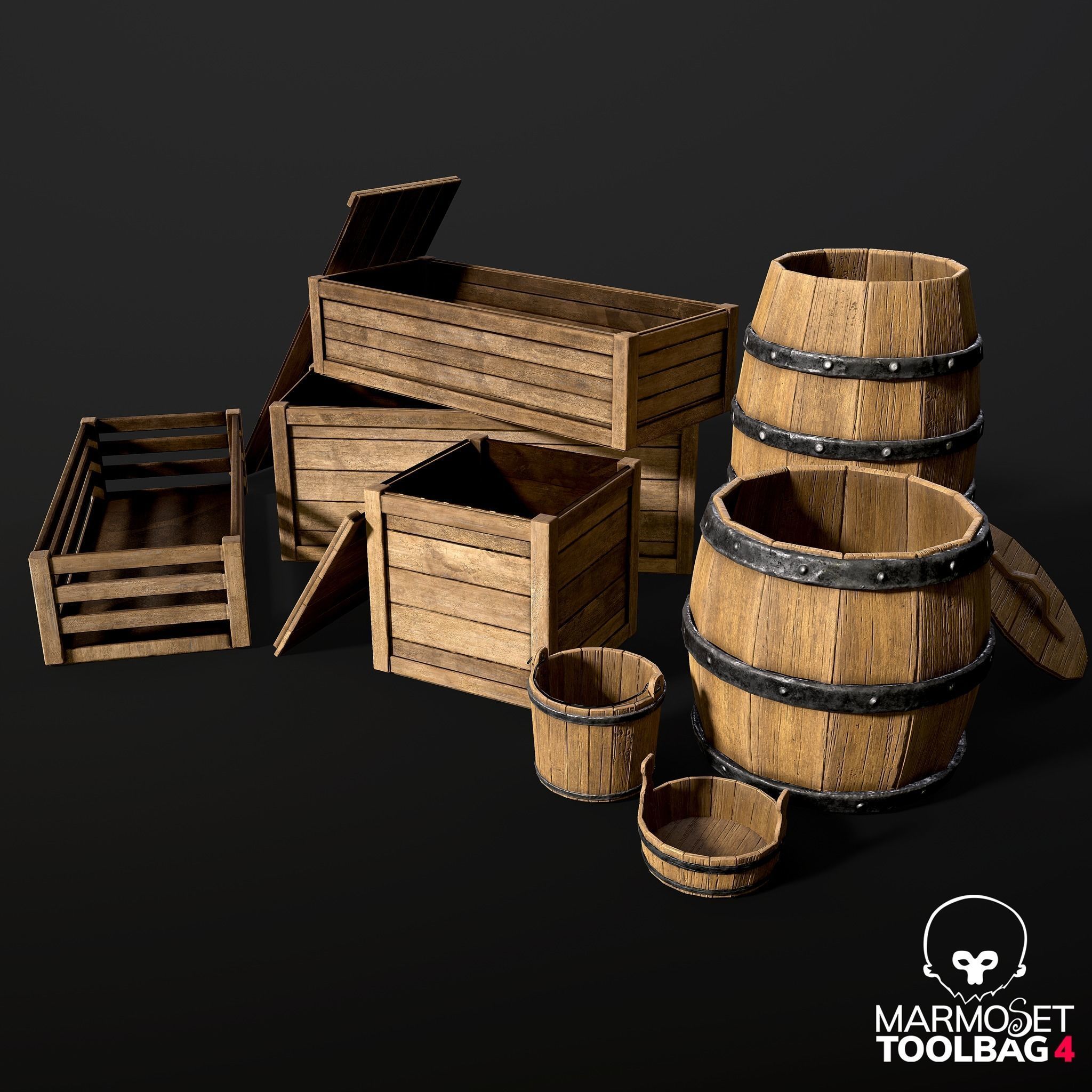 3D model Medieval containers barrels crates and buckets VR / AR / low ...