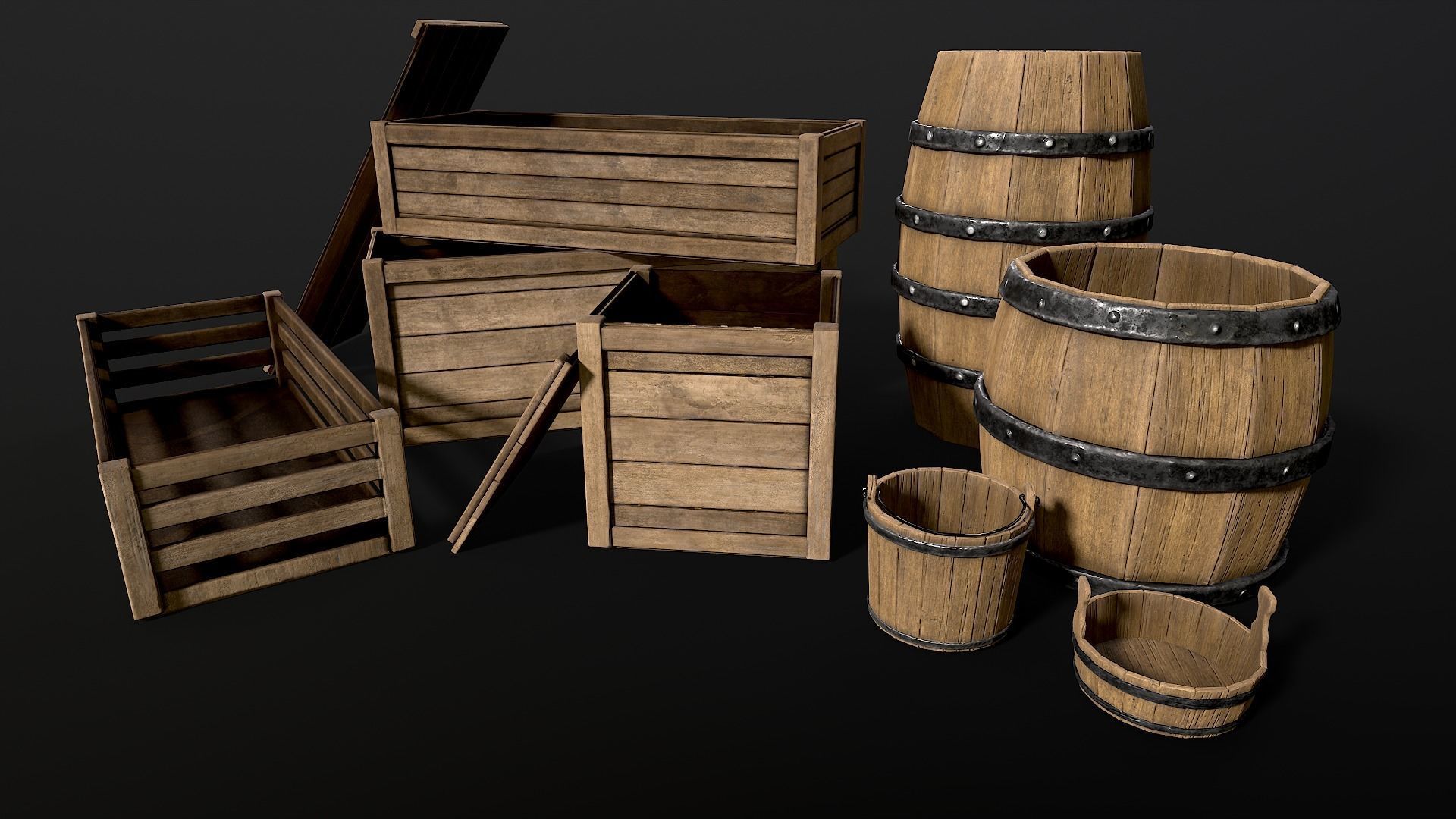 3D model Medieval containers barrels crates and buckets VR / AR / low ...