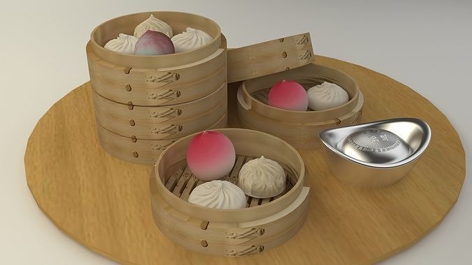 Chinese dim sum bamboo streamer with gold ingot 3D model | CGTrader