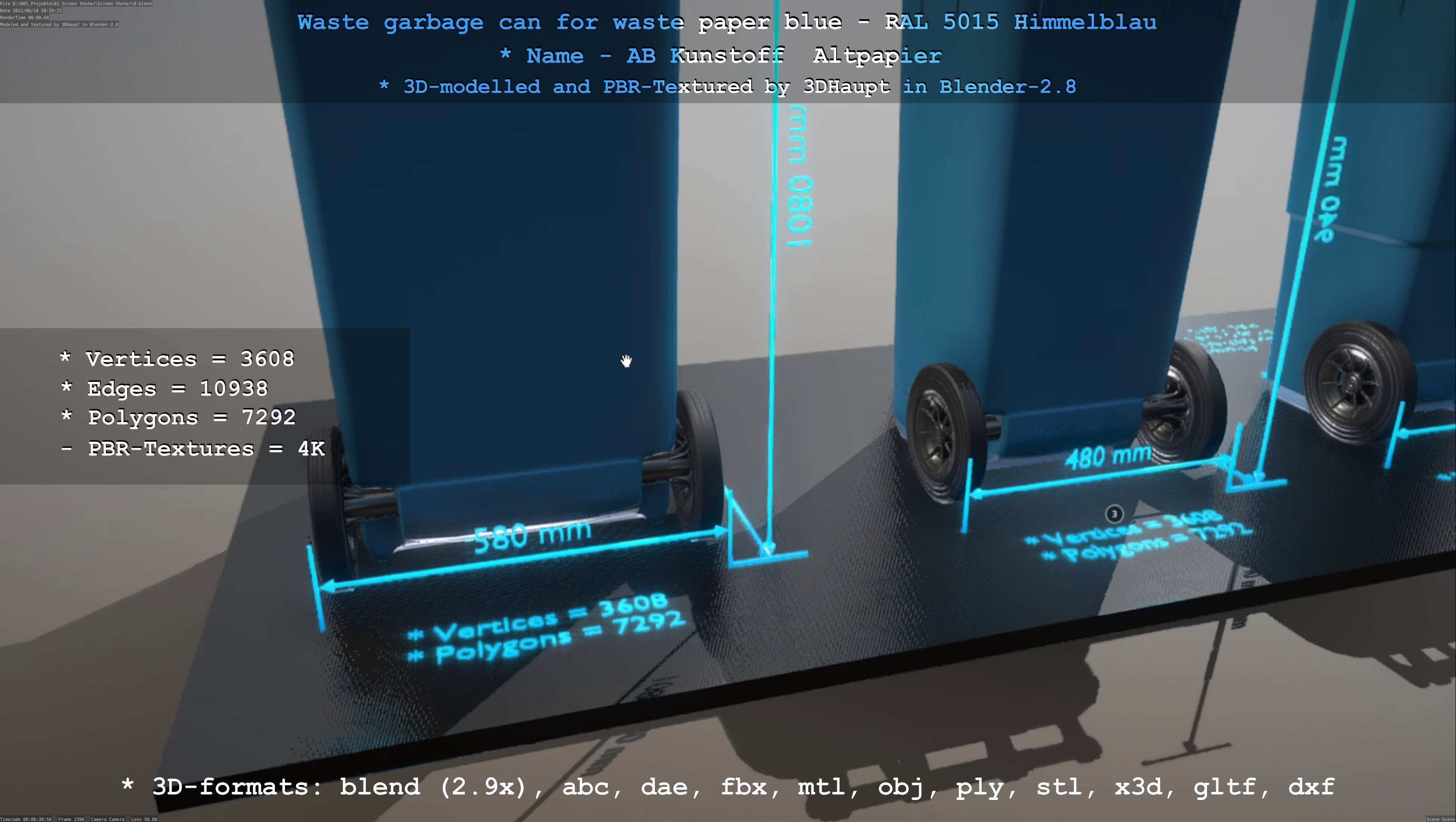 3D model Waste garbage can for waste paper blue - RAL 5015 Himmelblau ...