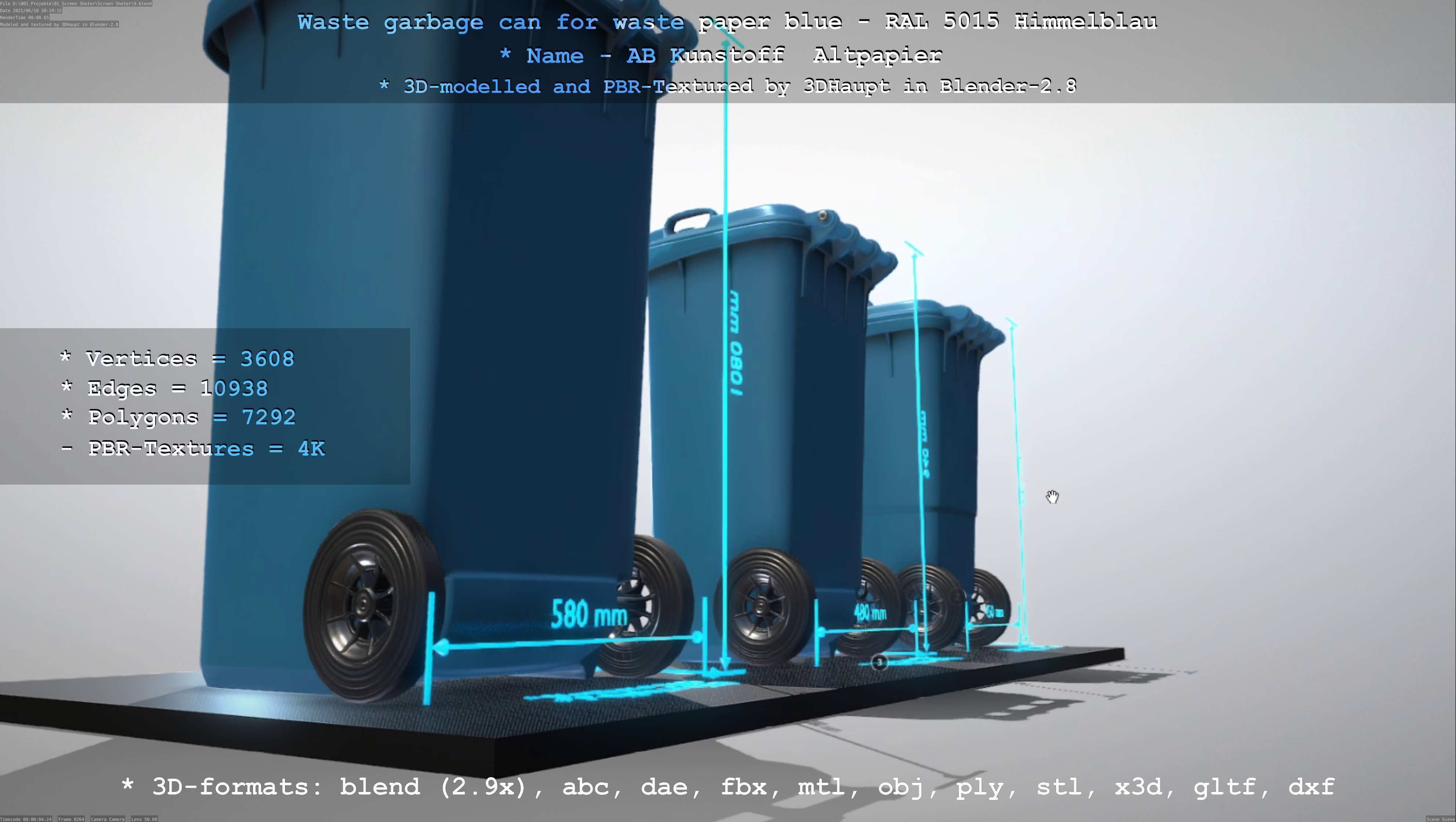 3D model Waste garbage can for waste paper blue - RAL 5015 Himmelblau ...