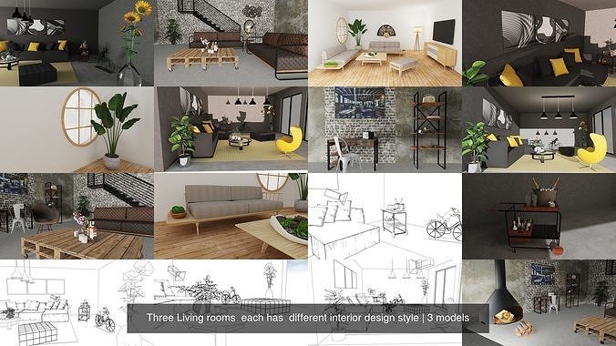 Three Living rooms each has different interior design style 3D Model ...