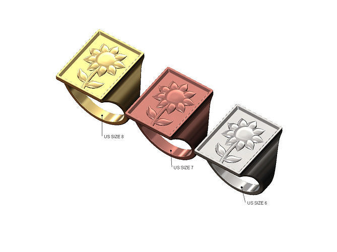 Sunflower relief signet ring US size 6 7 8 3D model 3D printable | CGTrader