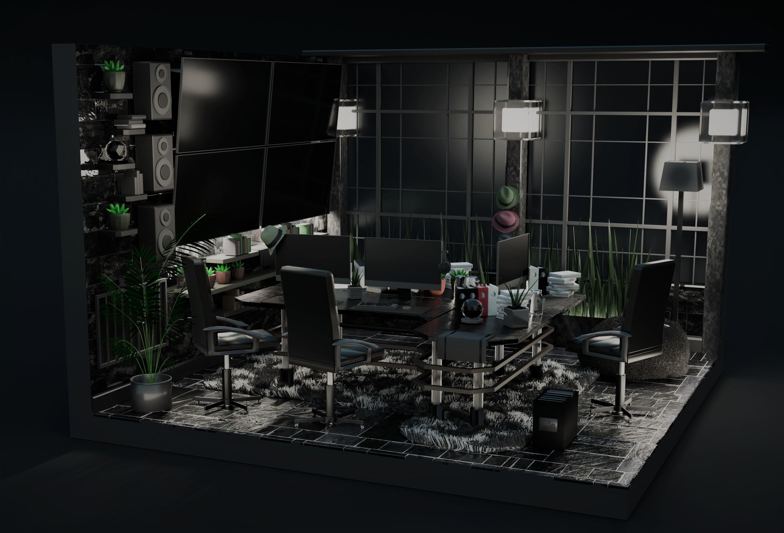 Office Low Poly room with furniture and plants free 3D model | CGTrader