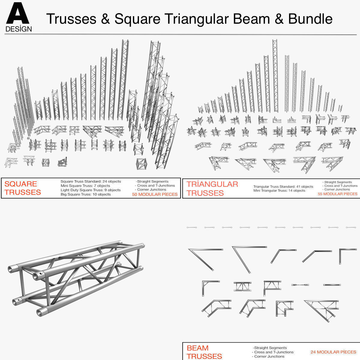 Trusses Square Triangular Beam Bundle Collection 129 PCS Modular 3D ...