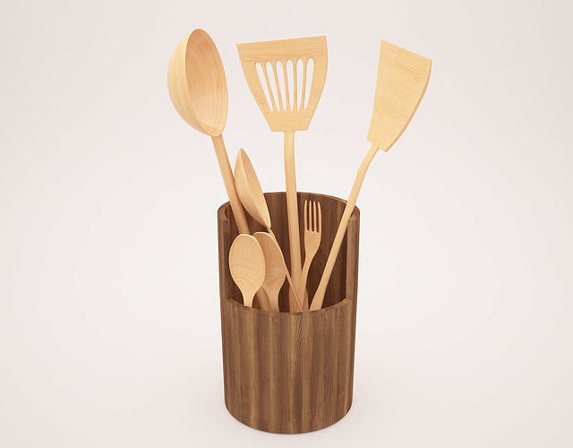 UTENSILS SET of kitchen in wooden container 3D model 3D printable ...