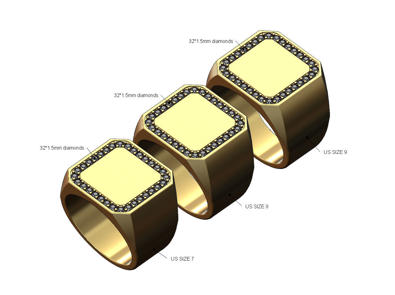 Square diamond signet ring US sizes 7 8 9 3D model 3D printable | CGTrader