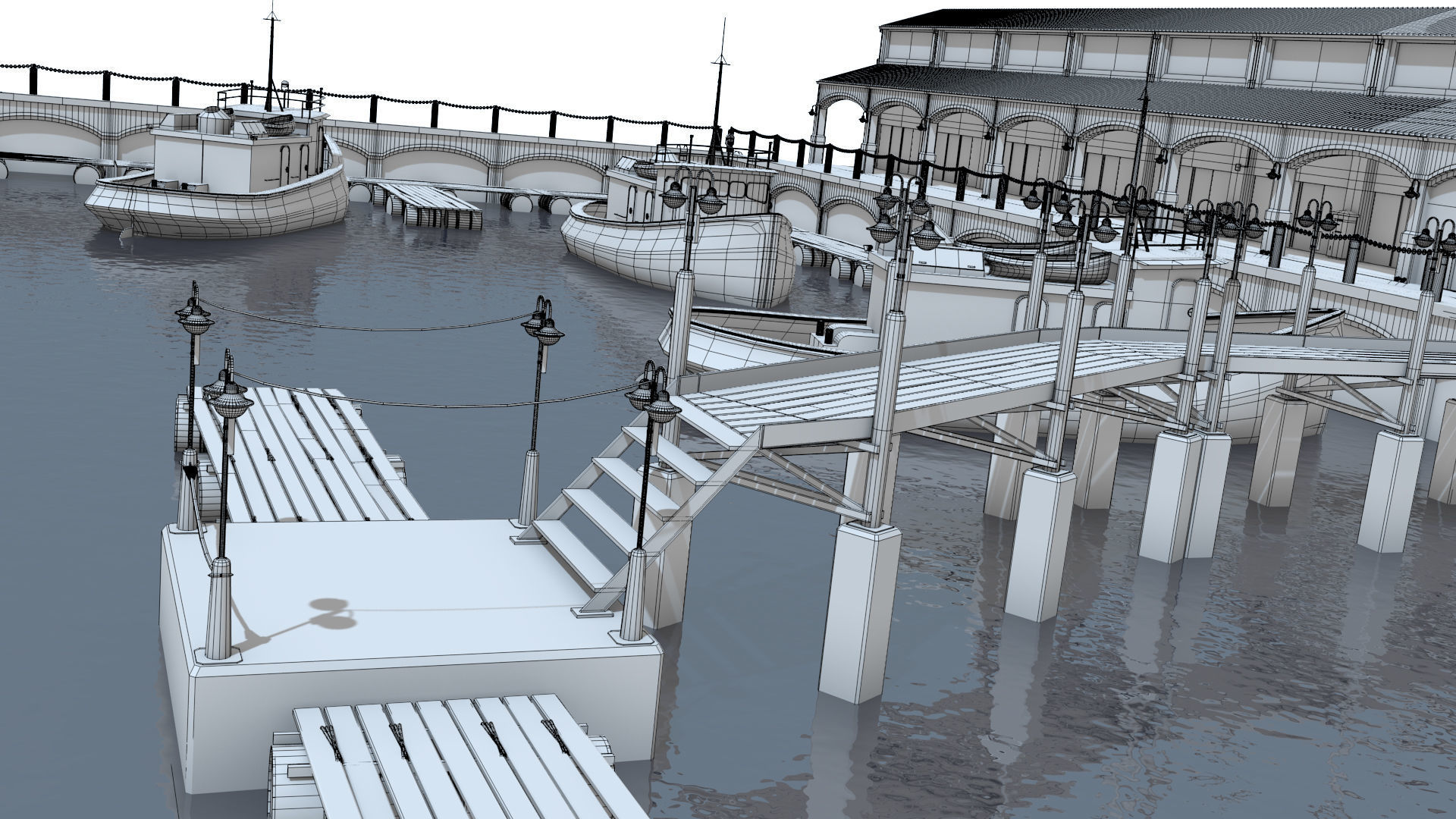 Untextured clay model of harbor pier and fishing boats - Update 3D ...
