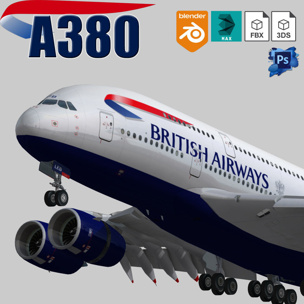 3D model Airbus 380-8 British Airways livery VR / AR / low-poly rigged ...