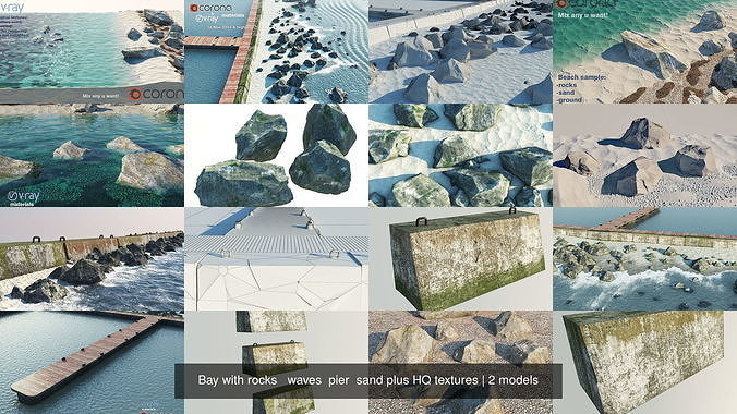 Bay with rocks-waves- pier- sand plus HQ textures 3D Model Collection ...