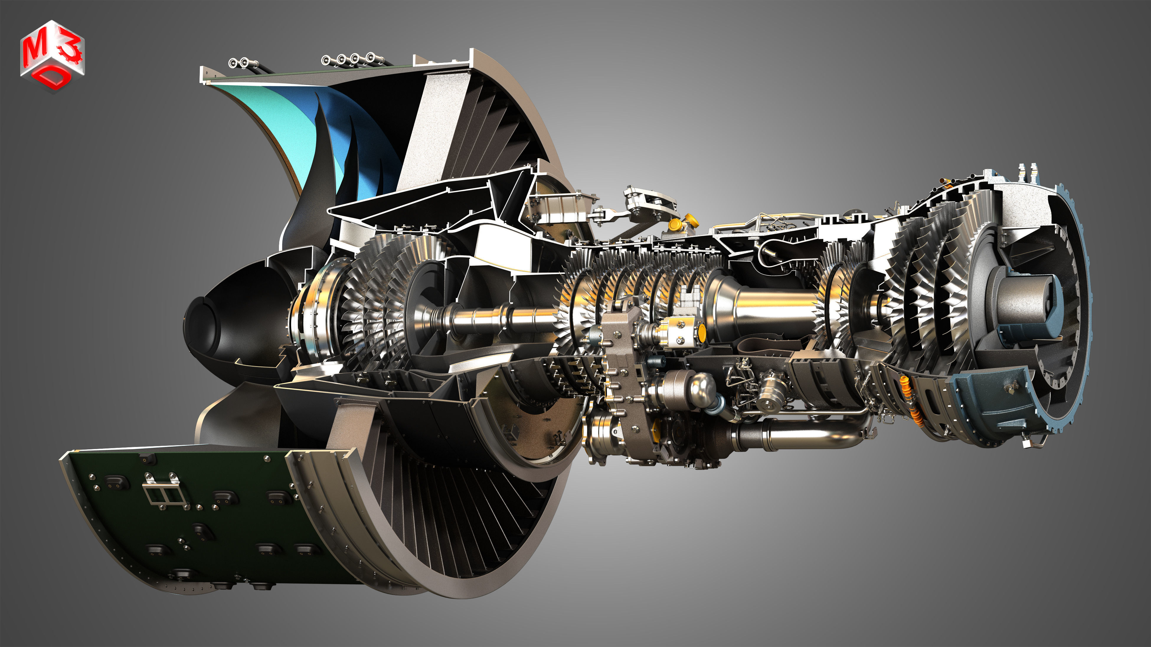 PW GTF Geared - PW F100 - 220 -Turbofan Engines - Cutaway 2 in 1 3D ...