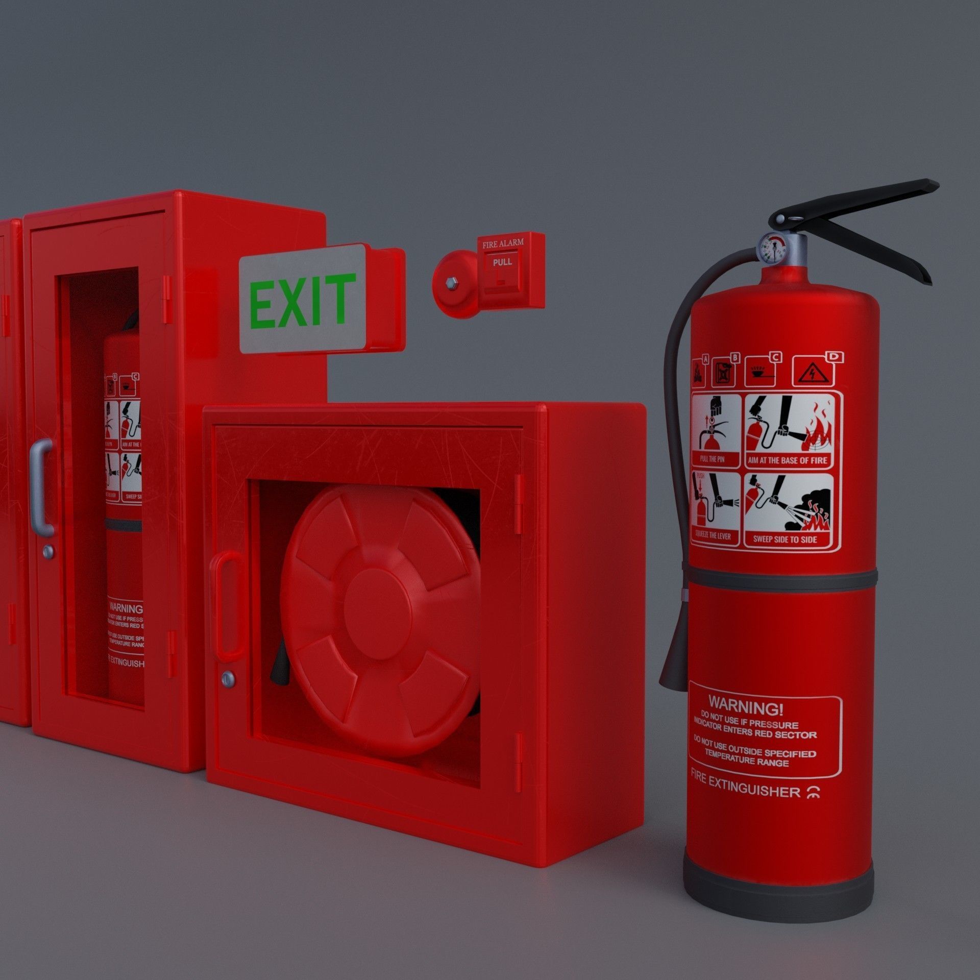 3D model Fire Equipment Set Fire Extinguisher Cabinet Alarm PBR ...