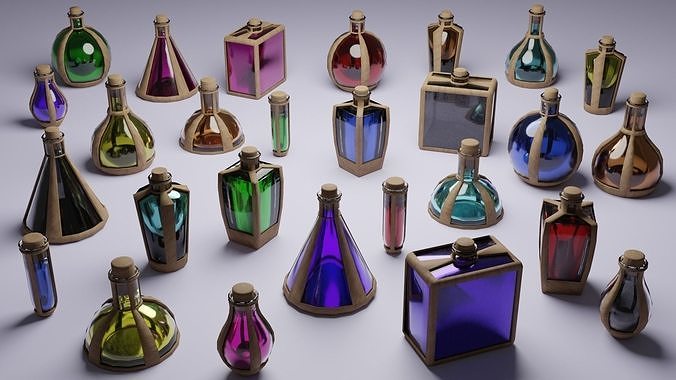 3D model Low Poly Potions set of colored glass bottles VR / AR / low ...