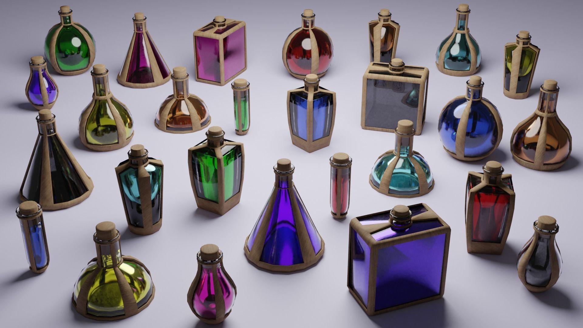 3D model Low Poly Potions set of colored glass bottles VR / AR / low ...