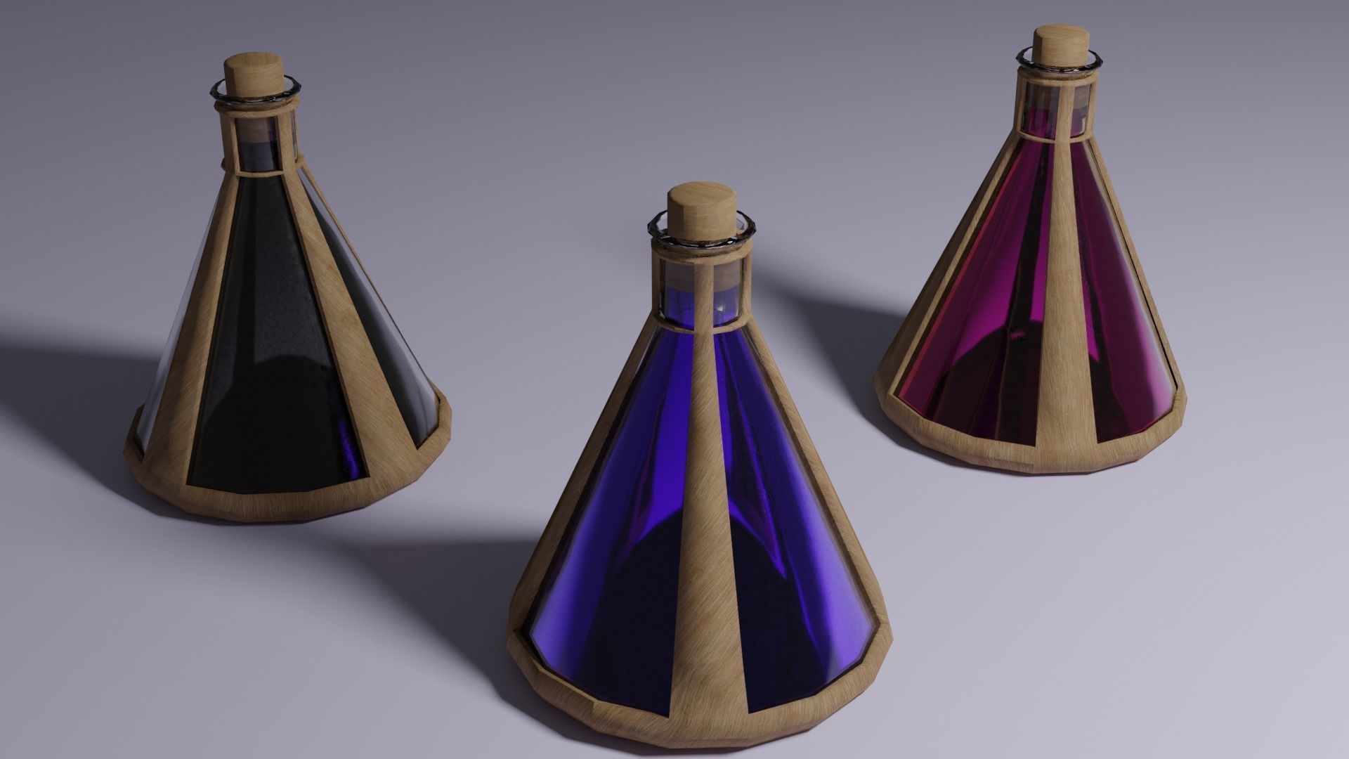 3D model Low Poly Potions set of colored glass bottles VR / AR / low ...