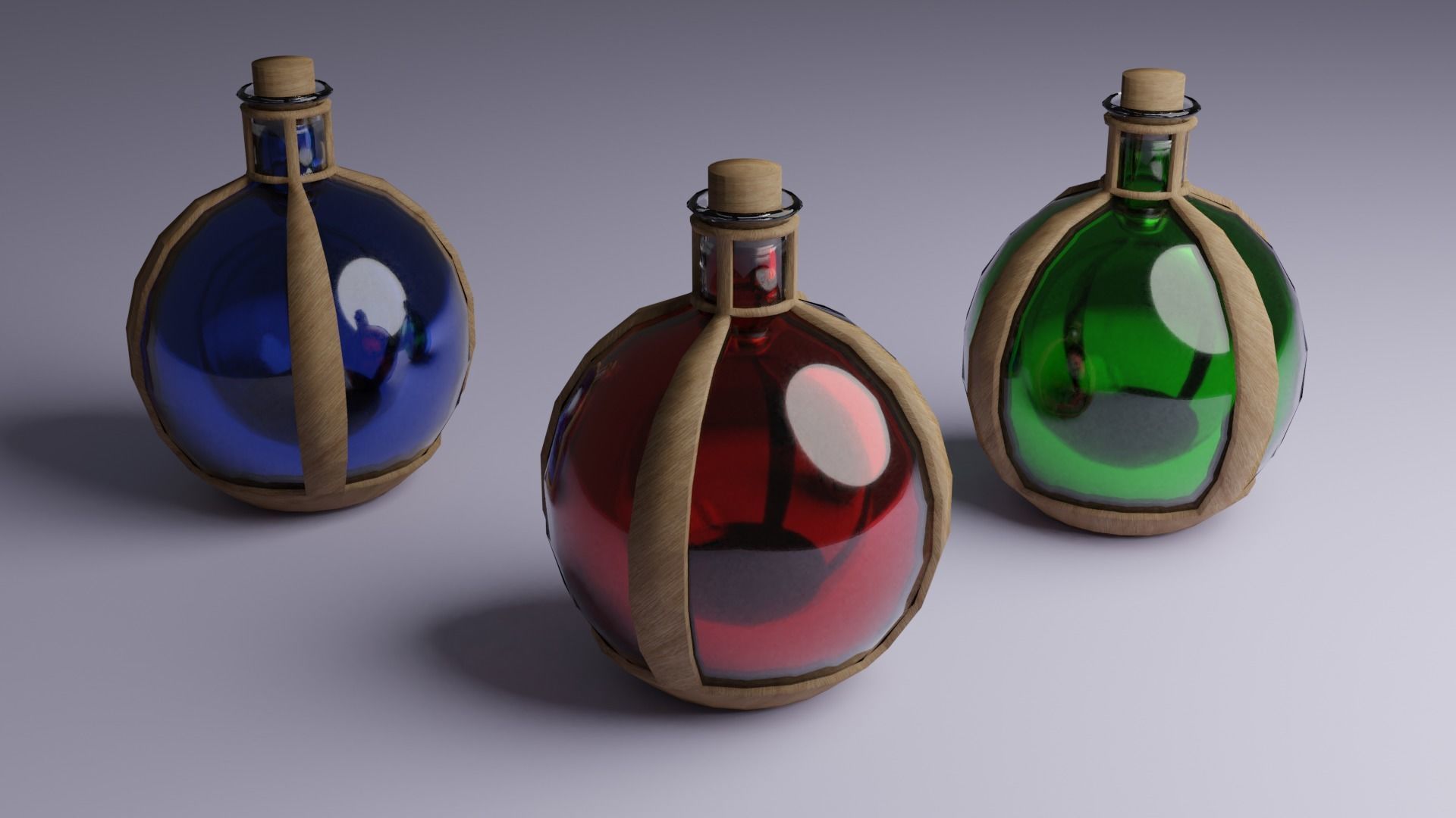 3D model Low Poly Potions set of colored glass bottles VR / AR / low ...