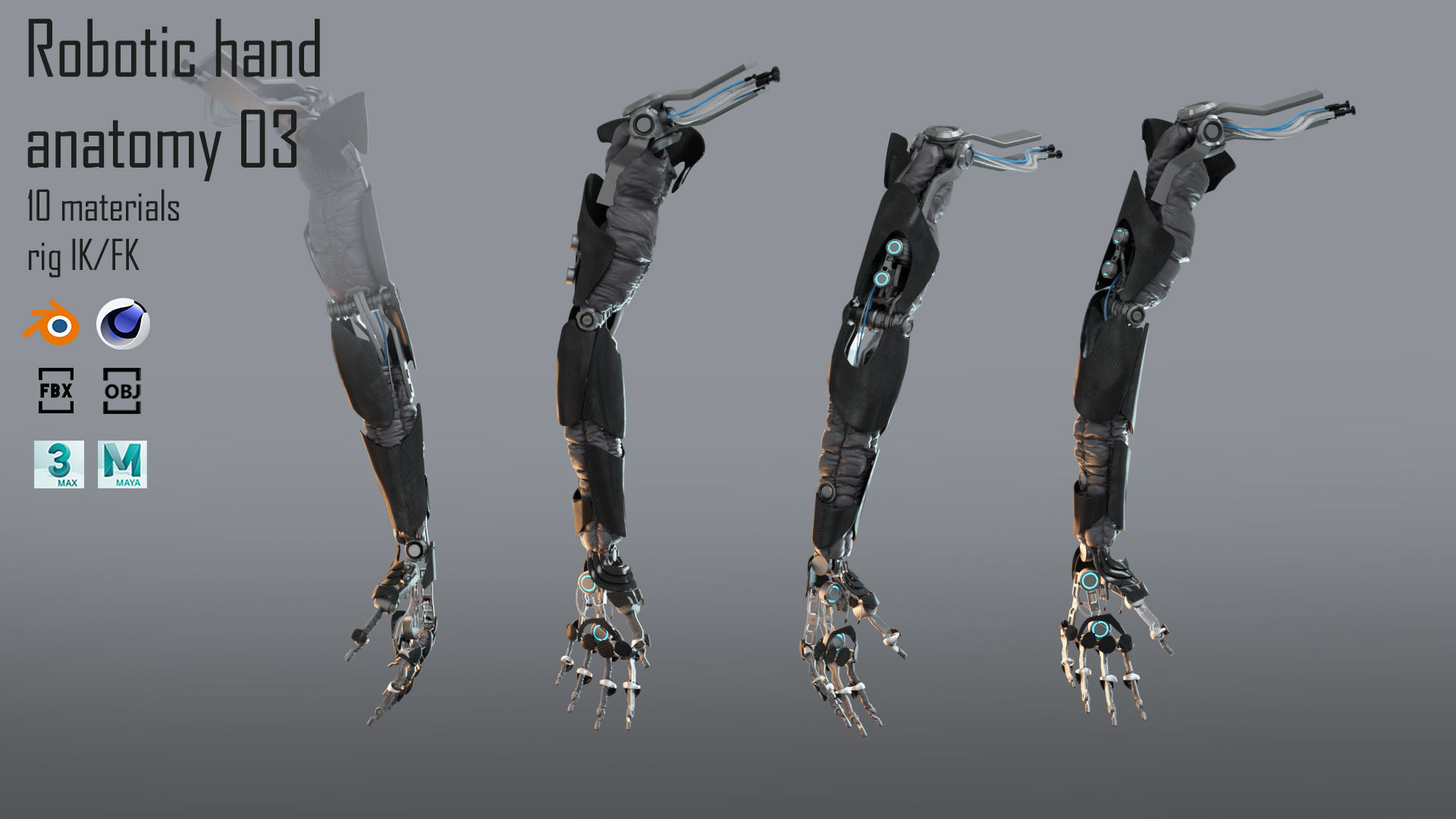 Robotic hand anatomy 03 3D model animated rigged | CGTrader