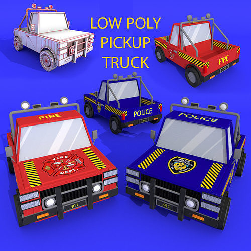 low poly pickup police and fire truck free VR / AR / low-poly 3D model ...
