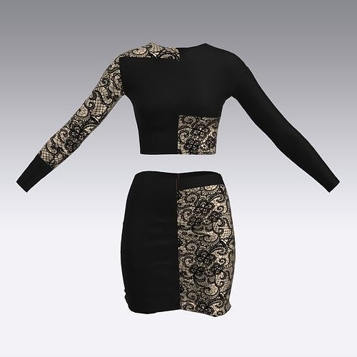 LACE SUIT WOMEN BLOUSE AND SKIRT BLACK AND LACE 3D model | CGTrader