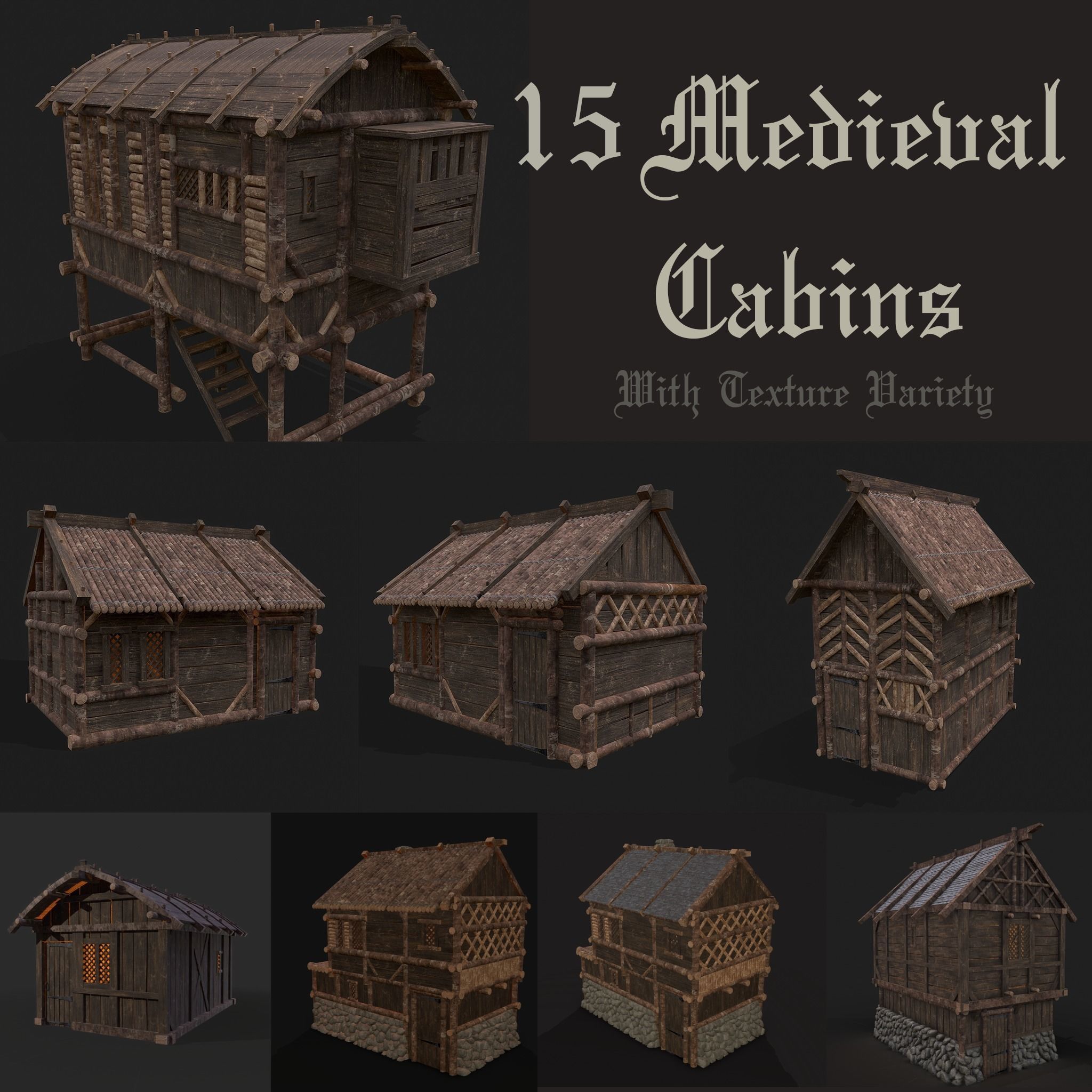 3D Model Collection 15 Medieval Cabins with Texture Variety VR / AR ...