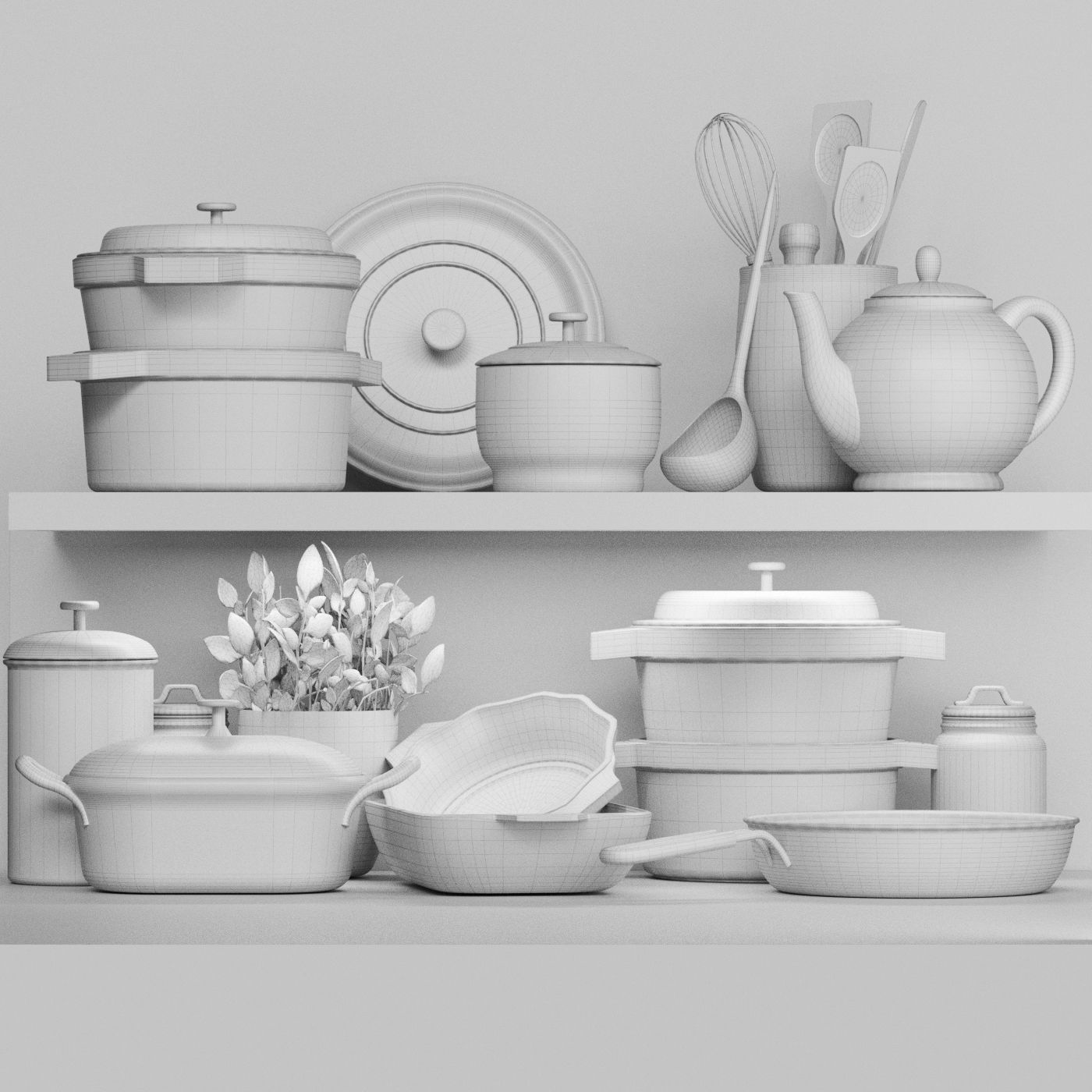 Cookware set 2 pots and pans on shelf 3D model | CGTrader