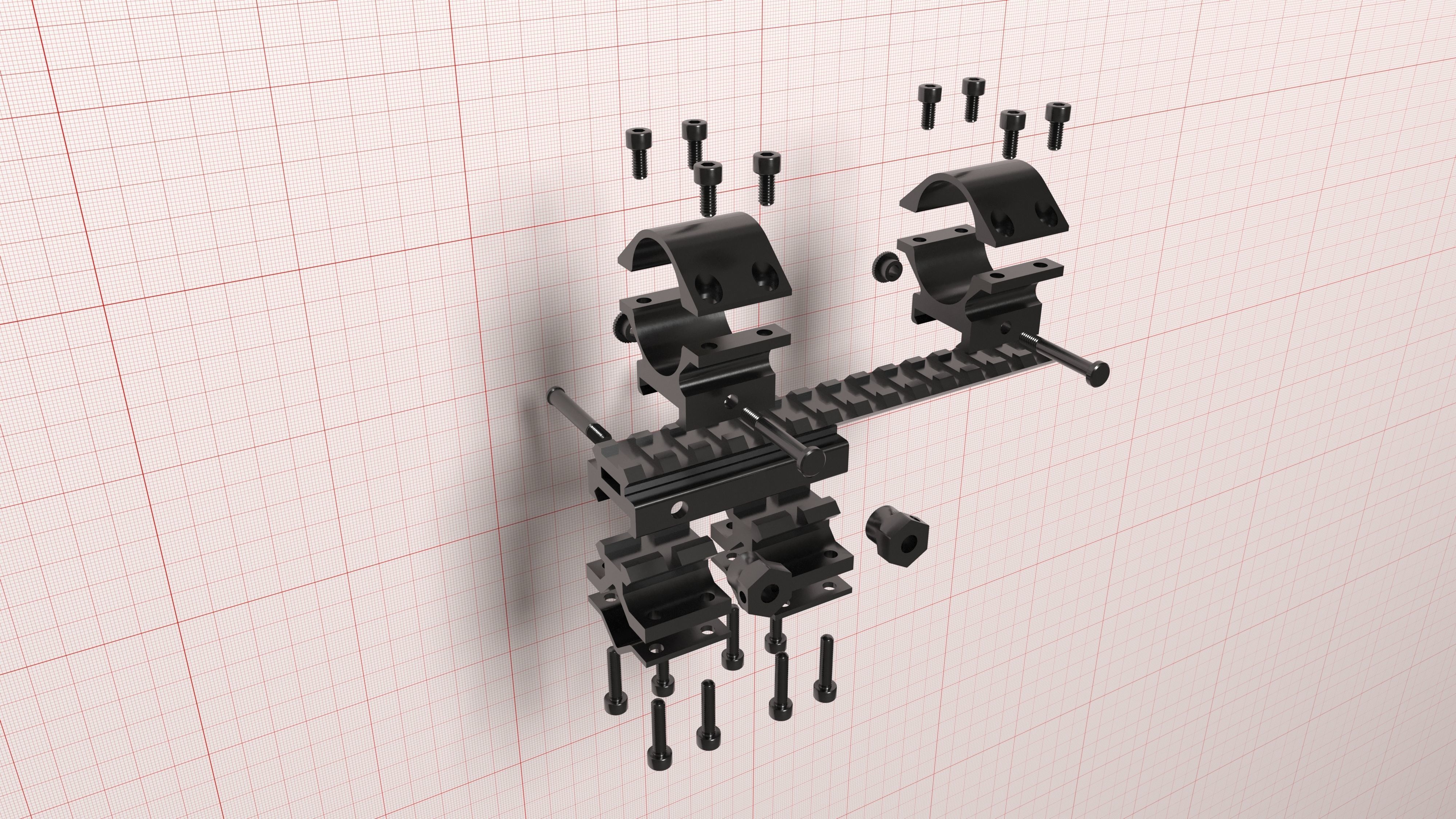 3D model Optic mounts KP-T2002 and Picatinny rail Y0032-B VR / AR / low ...