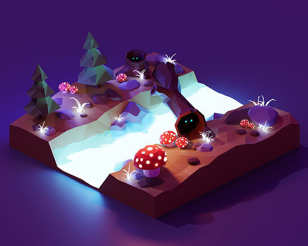 3D model low poly Gameasset1 forest with trees and mushrooms VR / AR ...