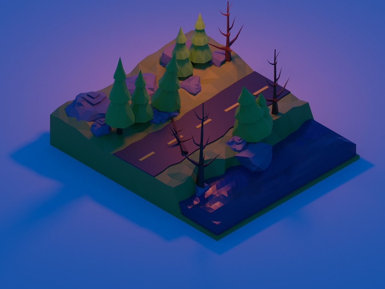 3D model Low poly road with trees and water VR / AR / low-poly | CGTrader