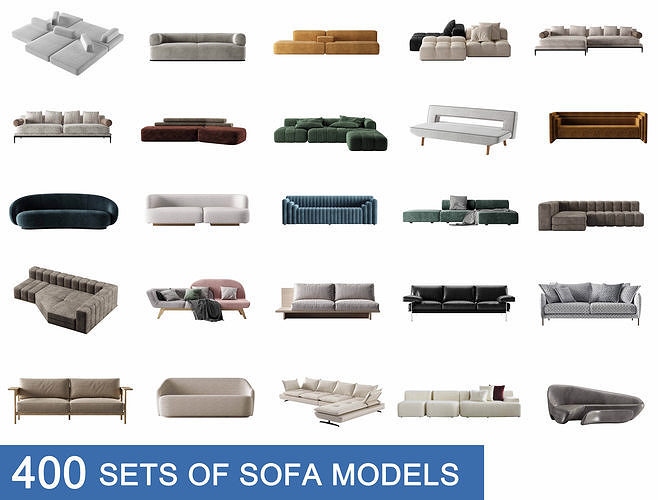 400 Sets Of Sofa And Chairs Furniture Collection 3D model rigged | CGTrader