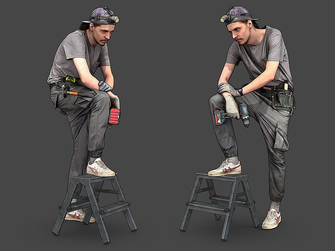 Worker in Gray Stands on a Stepladder 3D model | CGTrader