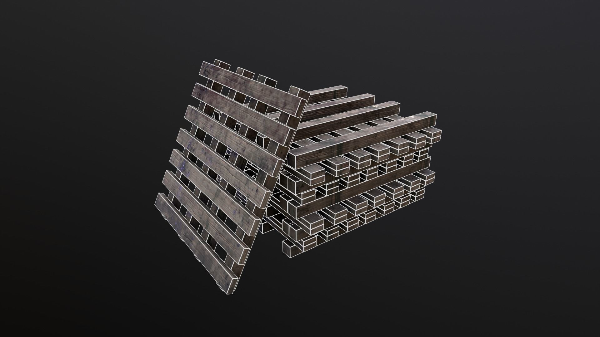 3D model Fallen stack One-sided wooden pallet on 4 supports VR / AR ...